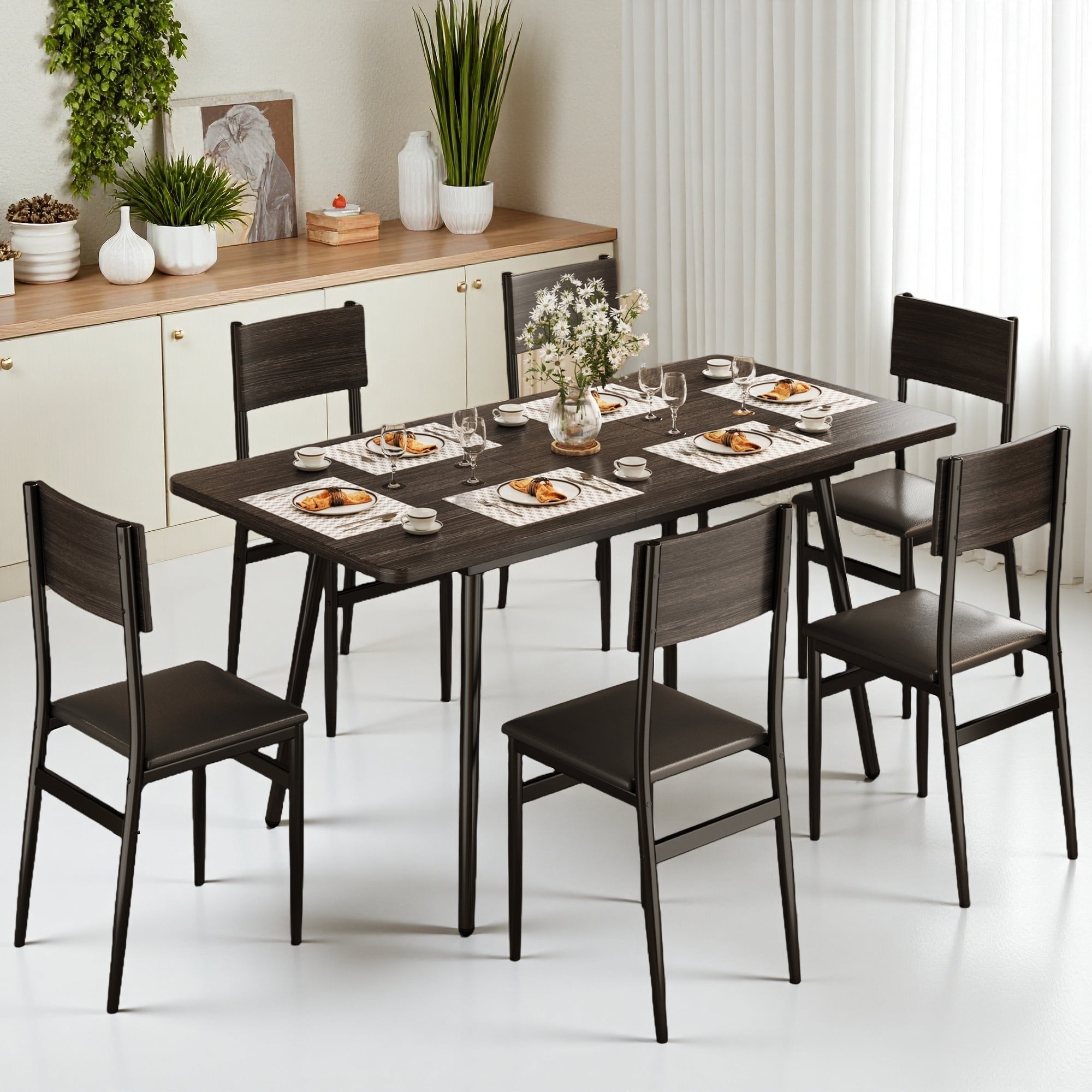 Lofka 6-Piece Extendable Dining Table Set with PU Leather Backrest ...