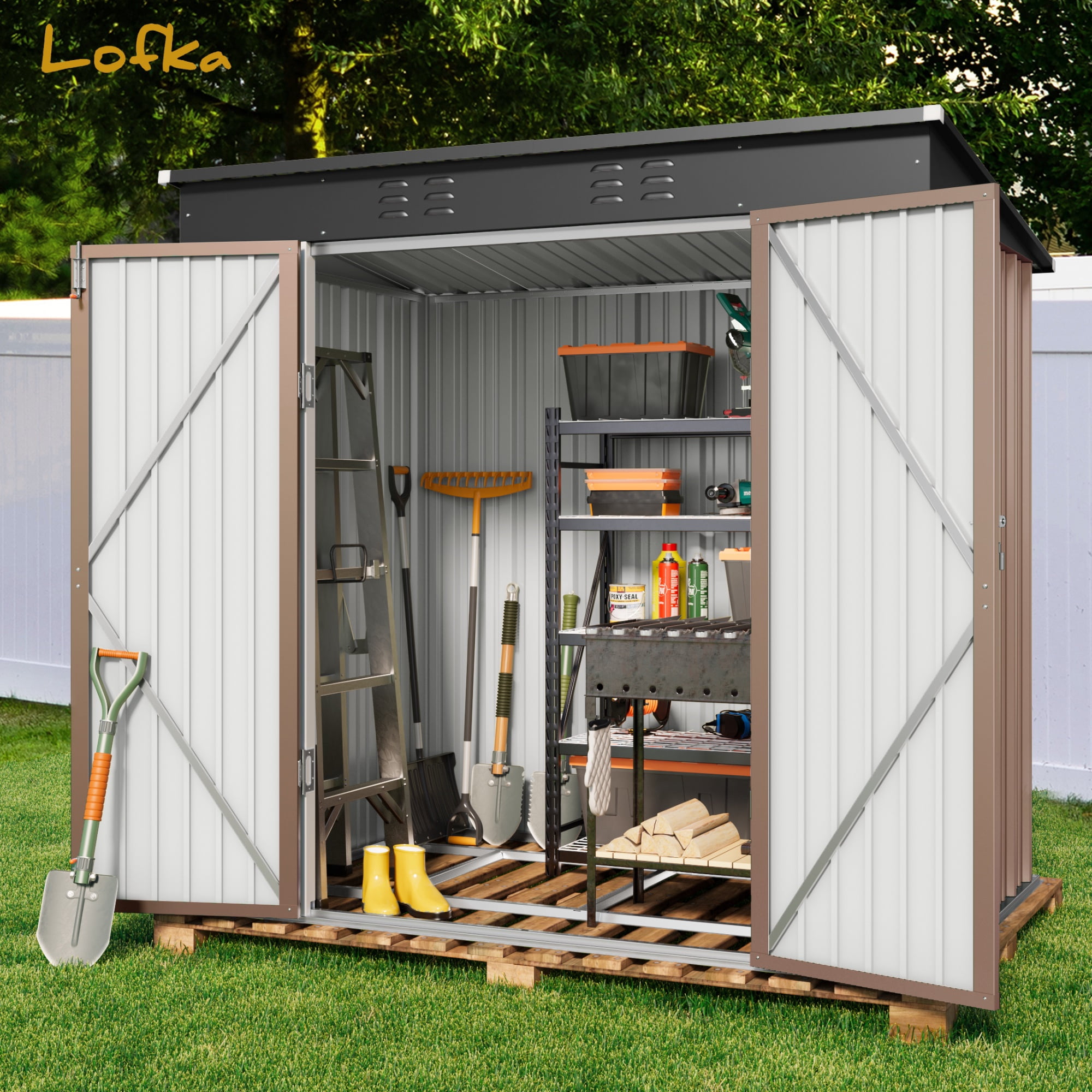 Lofka 6ft x 4ft Outdoor Storage Shed, Metal Garden Shed, Brown ...