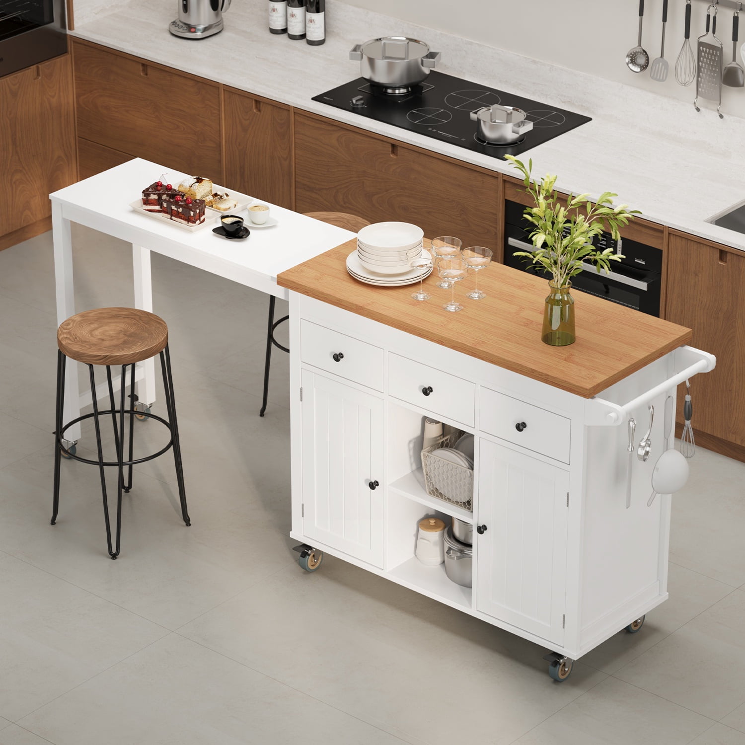 Lofka 79.06" Kitchen Island with Extendable Table for 2, Extendable ...