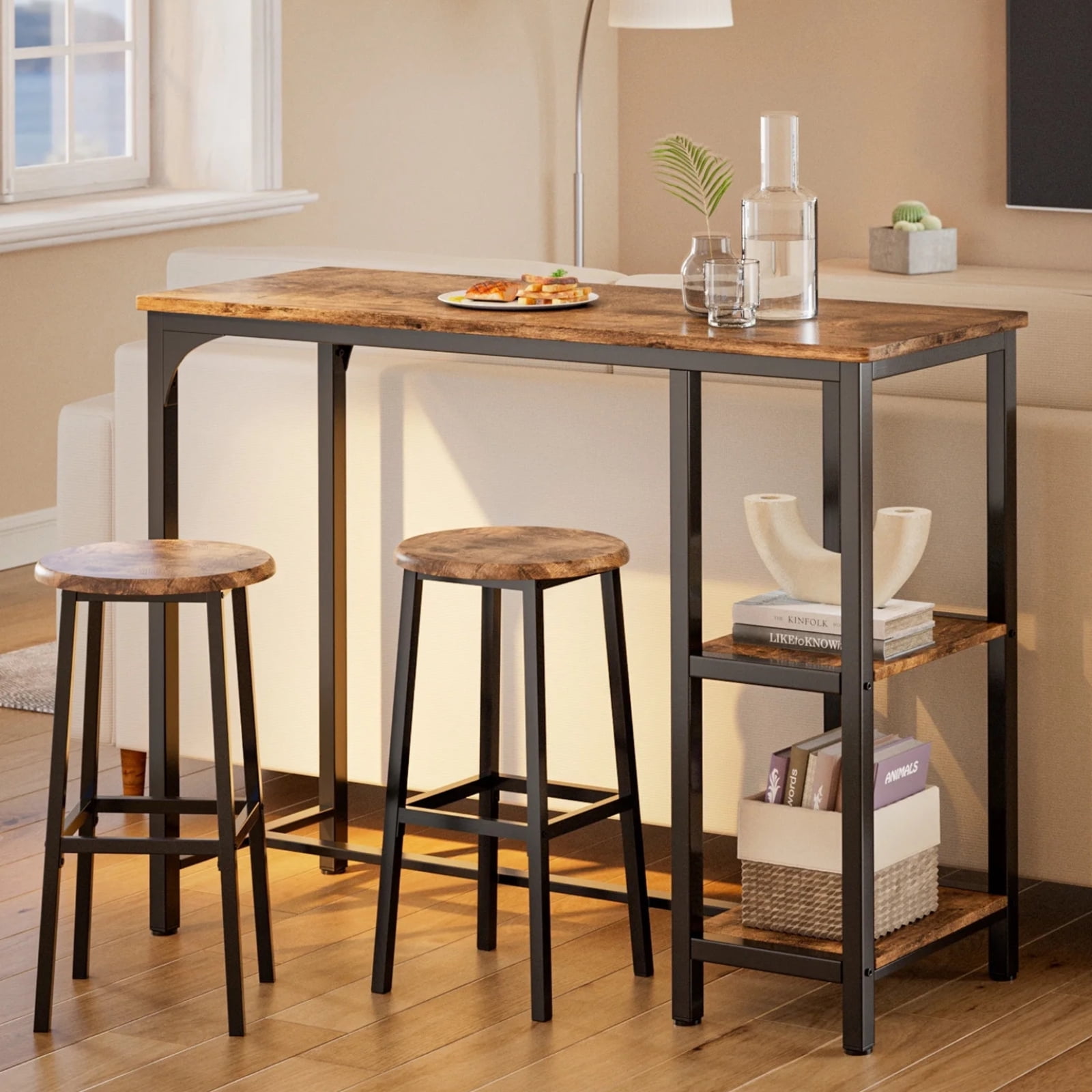 Lofka Retro Bar Table Set with 4 High Stools for Dining Room, Kitchen ...