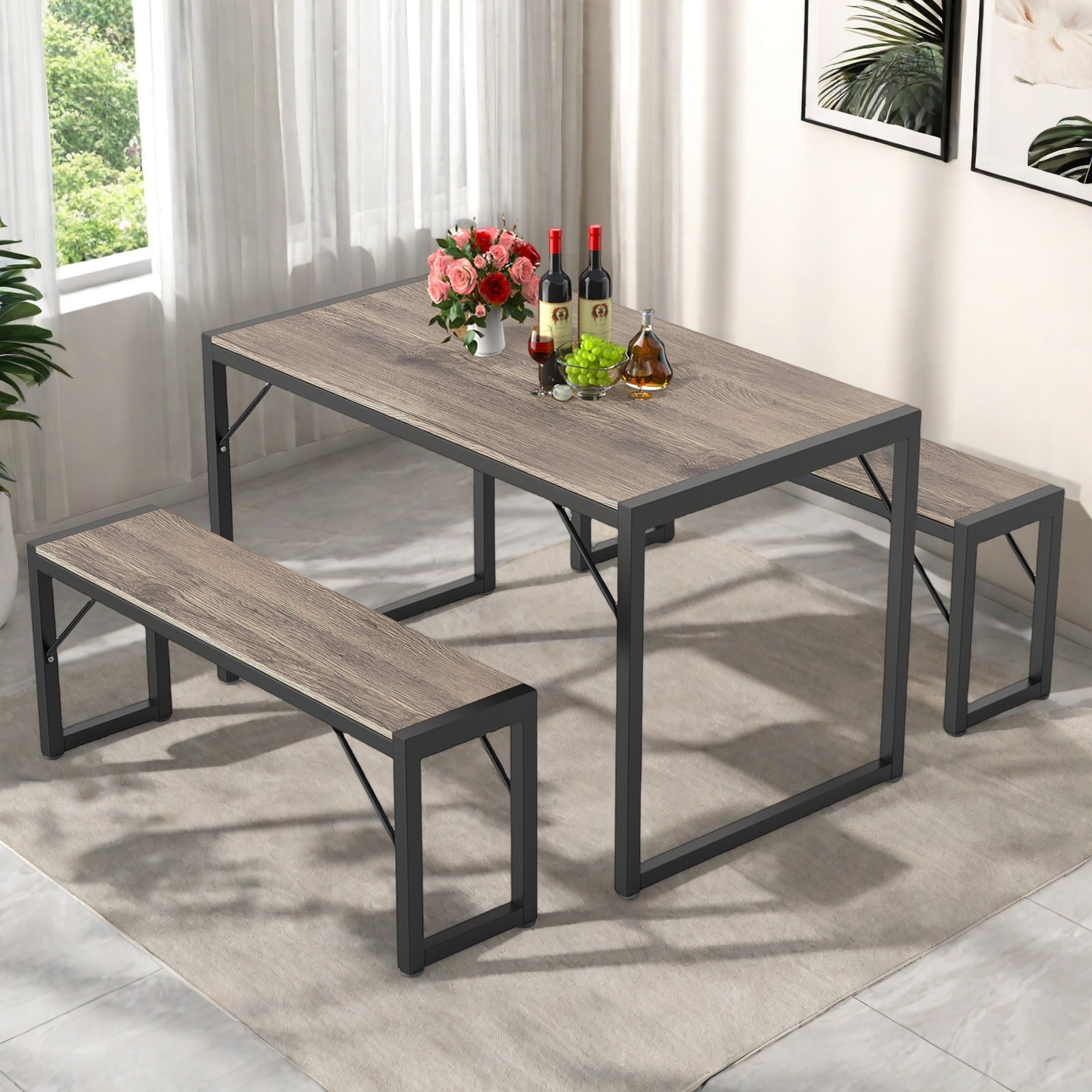 Lofka Dining Table Set for 4, Kitchen Table Set with 2 Benches, for ...