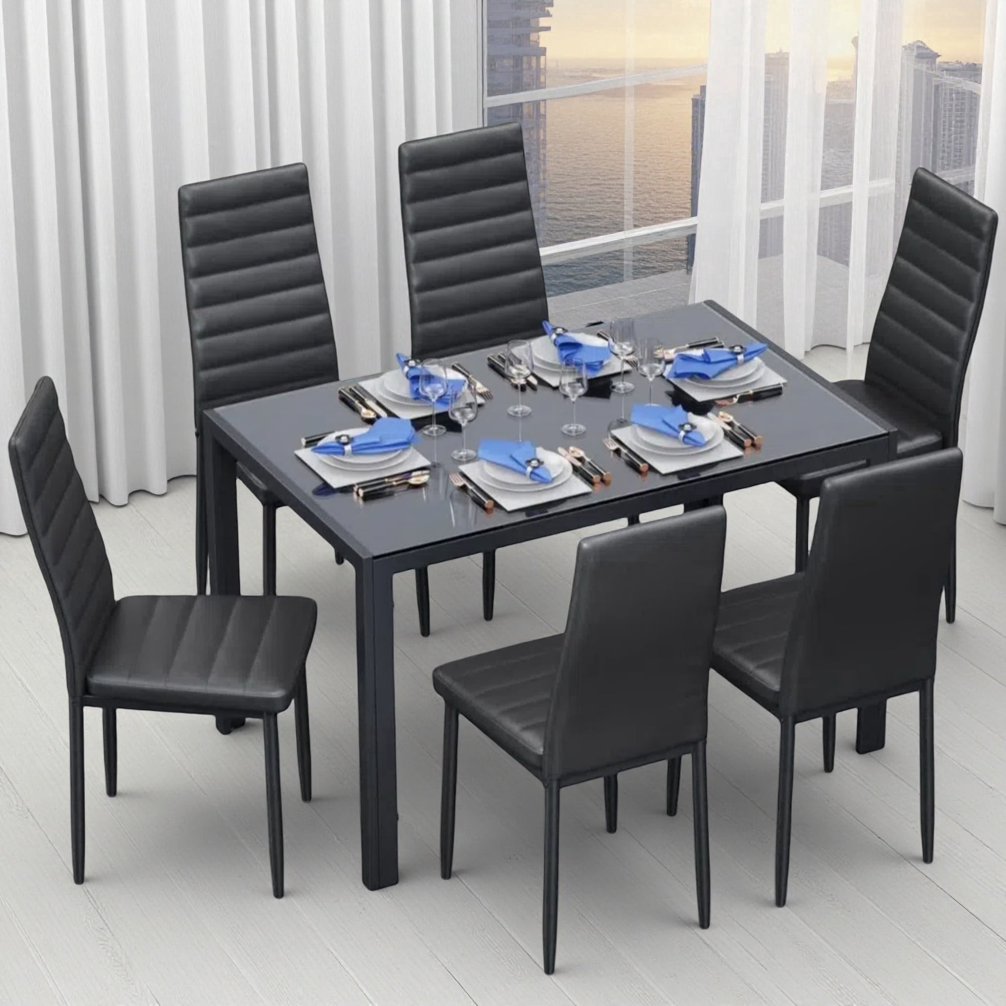 Lofka 6-Person Dining Table Set for 6, Black Tempered Glass Kitchen ...
