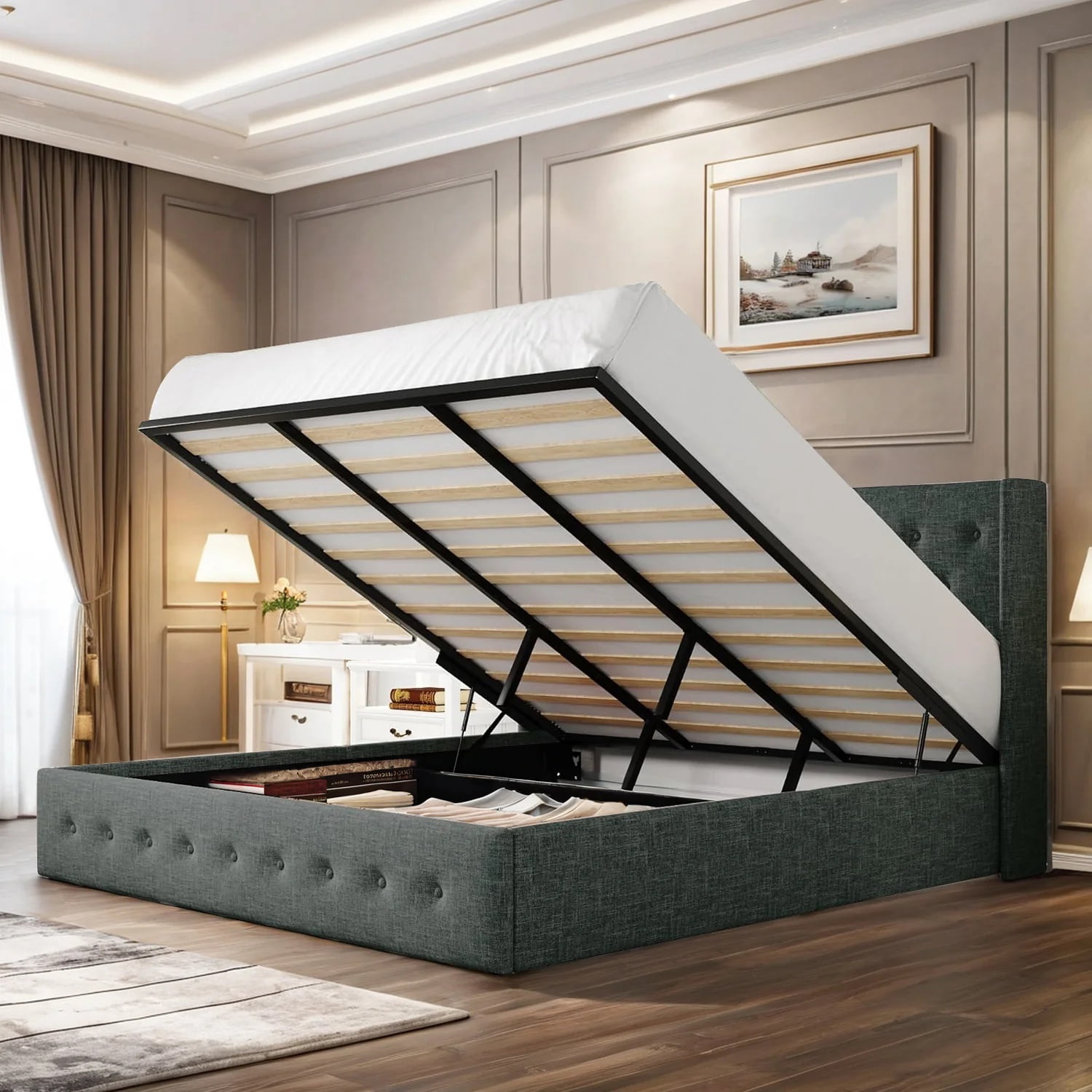Lofka Lift Up Storage Bed Full Size, Modern Wingback Headboard, No Box ...