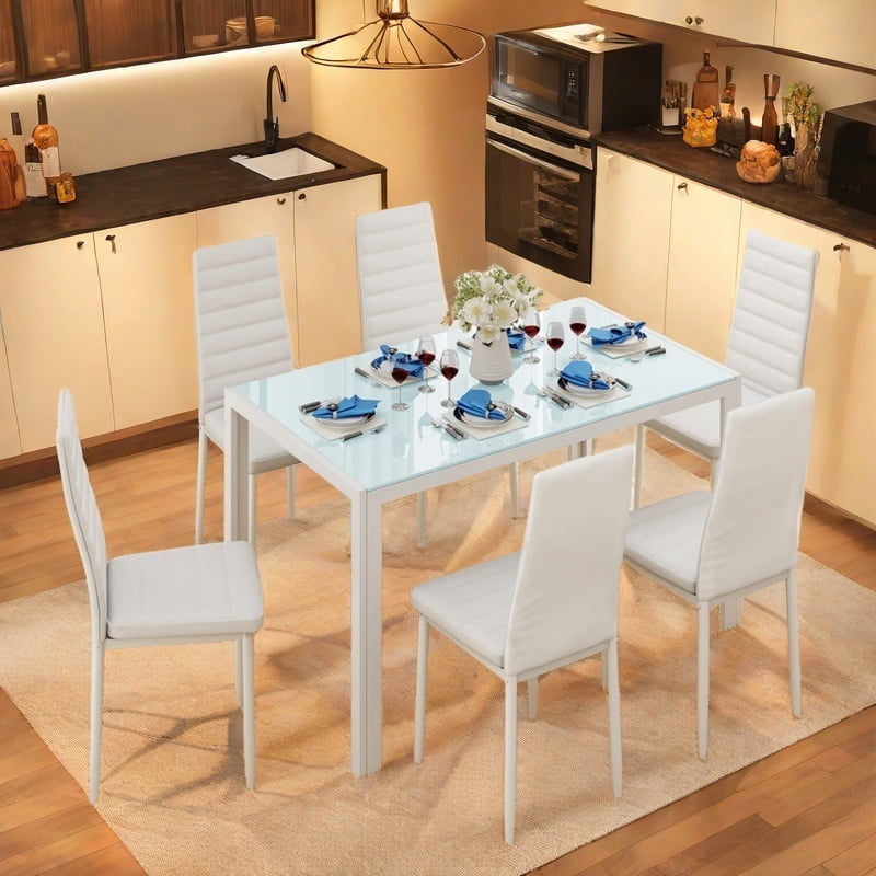 Lofka Modern 7 Piece Dining Table Sets for 6, Glass Kitchen Table with ...