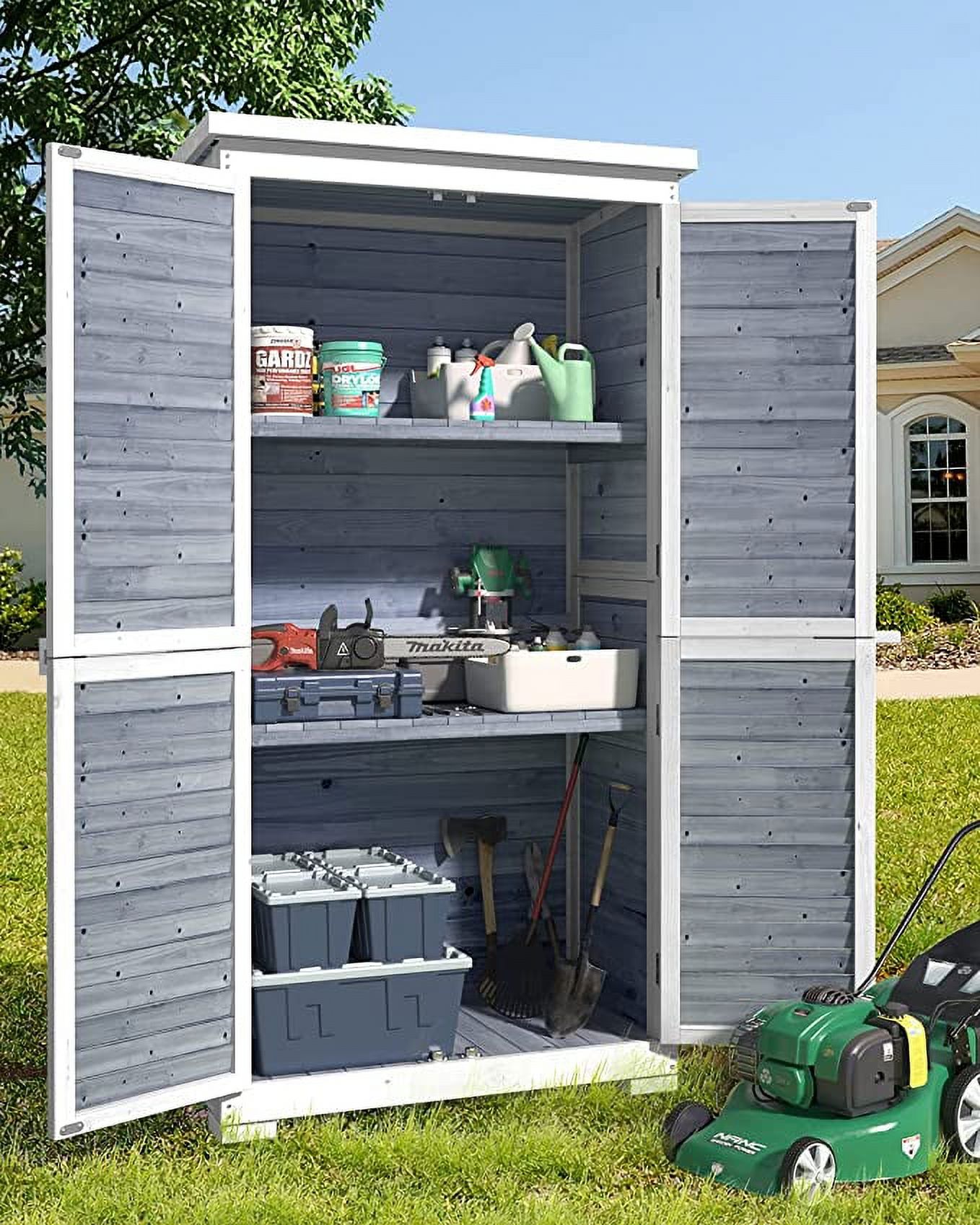 Gymax Outdoor Storage Shed Lockable Wooden Garden Tool Storage Cabinet ...
