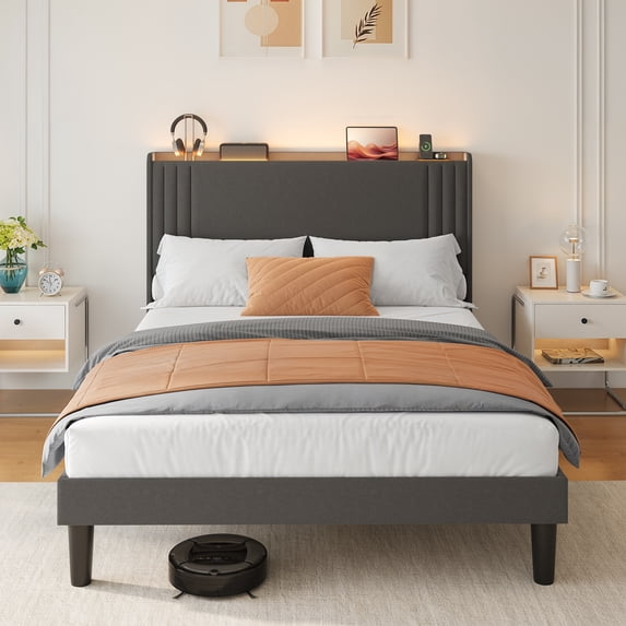 Lofka Queen Upholstered Platform Bed Frame, Modern Wingback Headboard ...