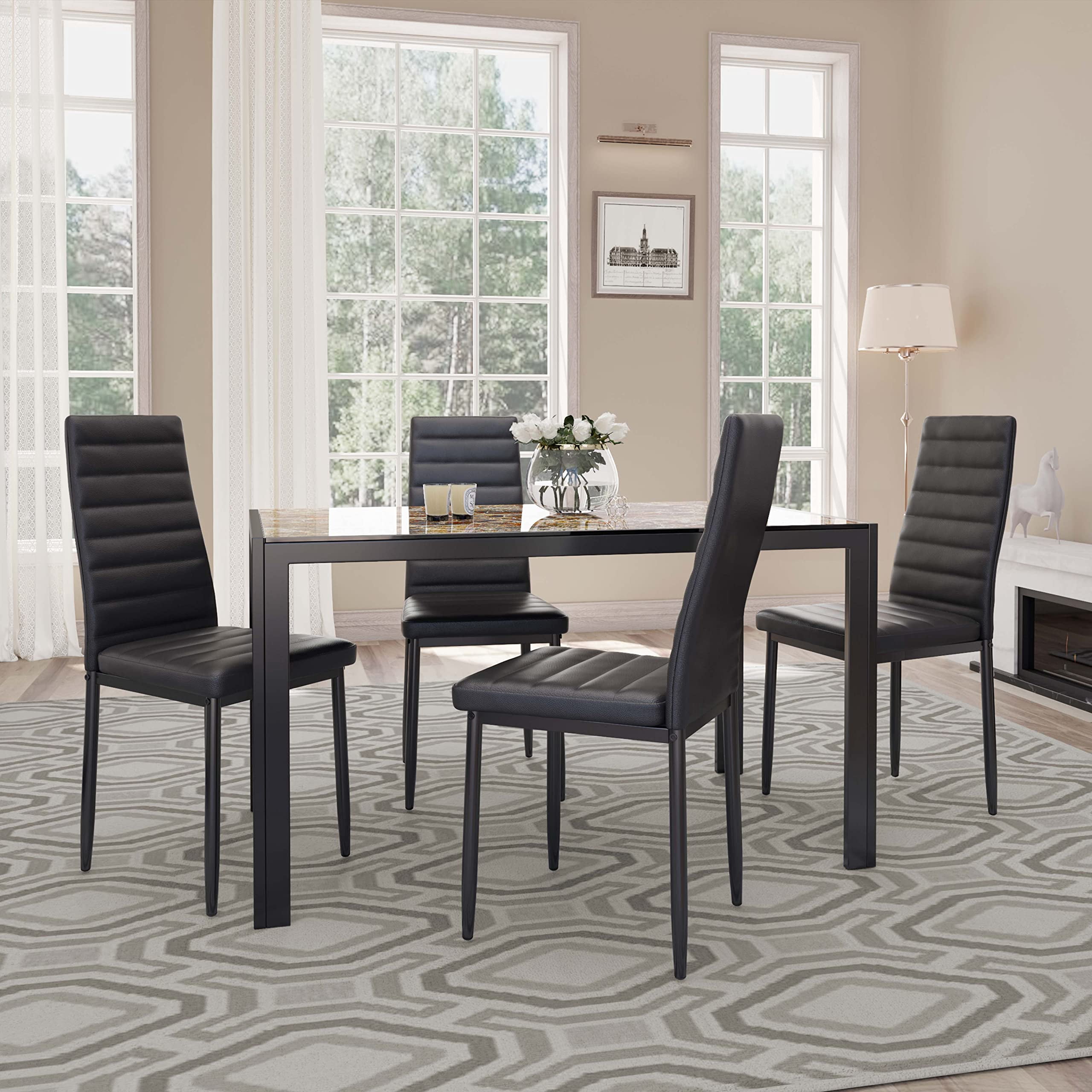 Lofka Tempered Glass Dining Table Set for 4, Kitchen Table with 4 Back ...
