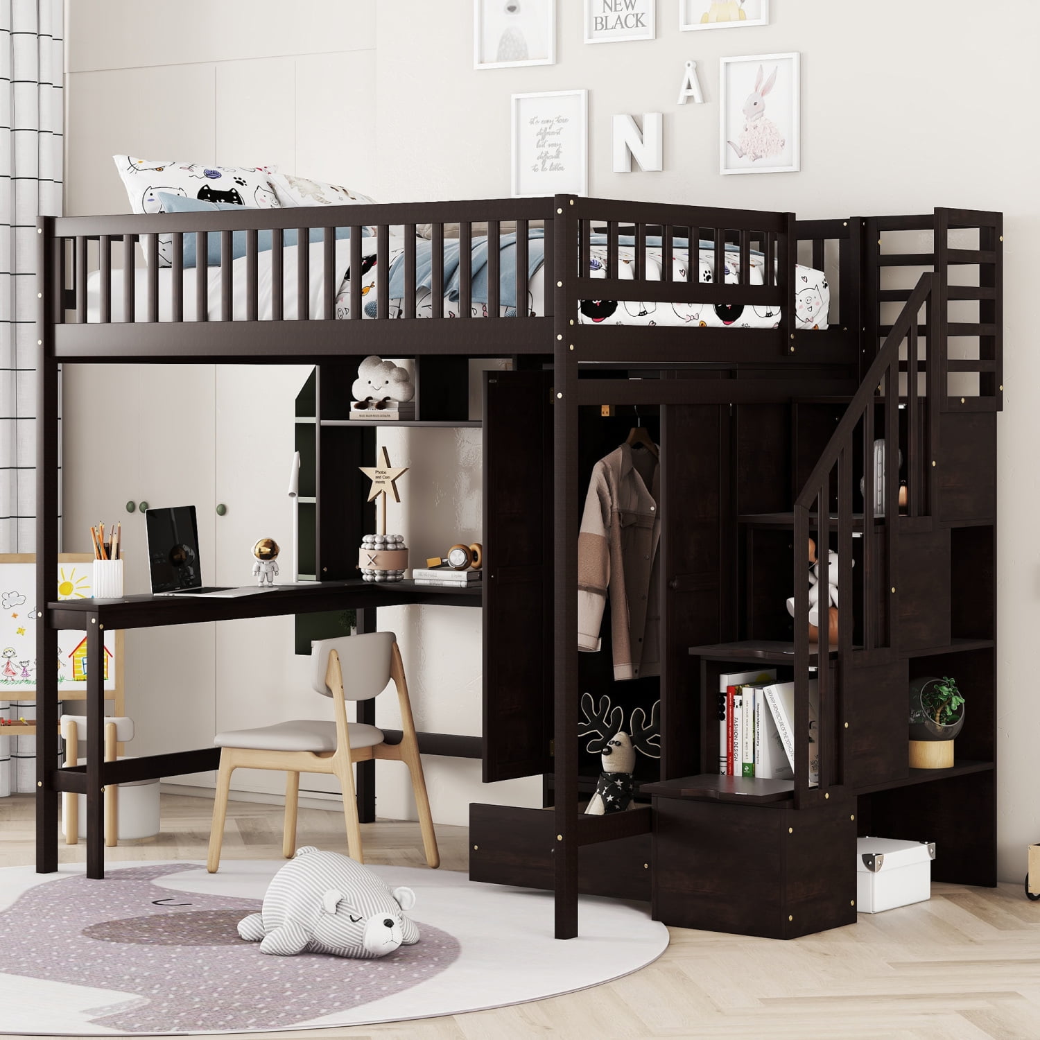 Loft Bed with Bookshelf, Drawers, Desk and Wardrobe, Solid Wood Full Size Loft Bed Frame with ...