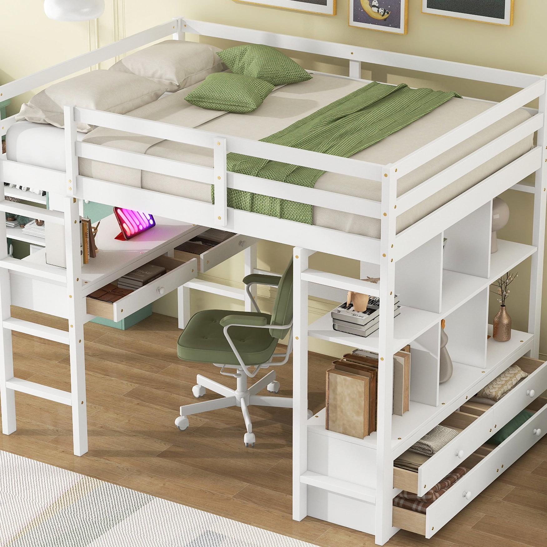 Loft Bed With Built-in Desk And Storage, White - Utilize Space ...