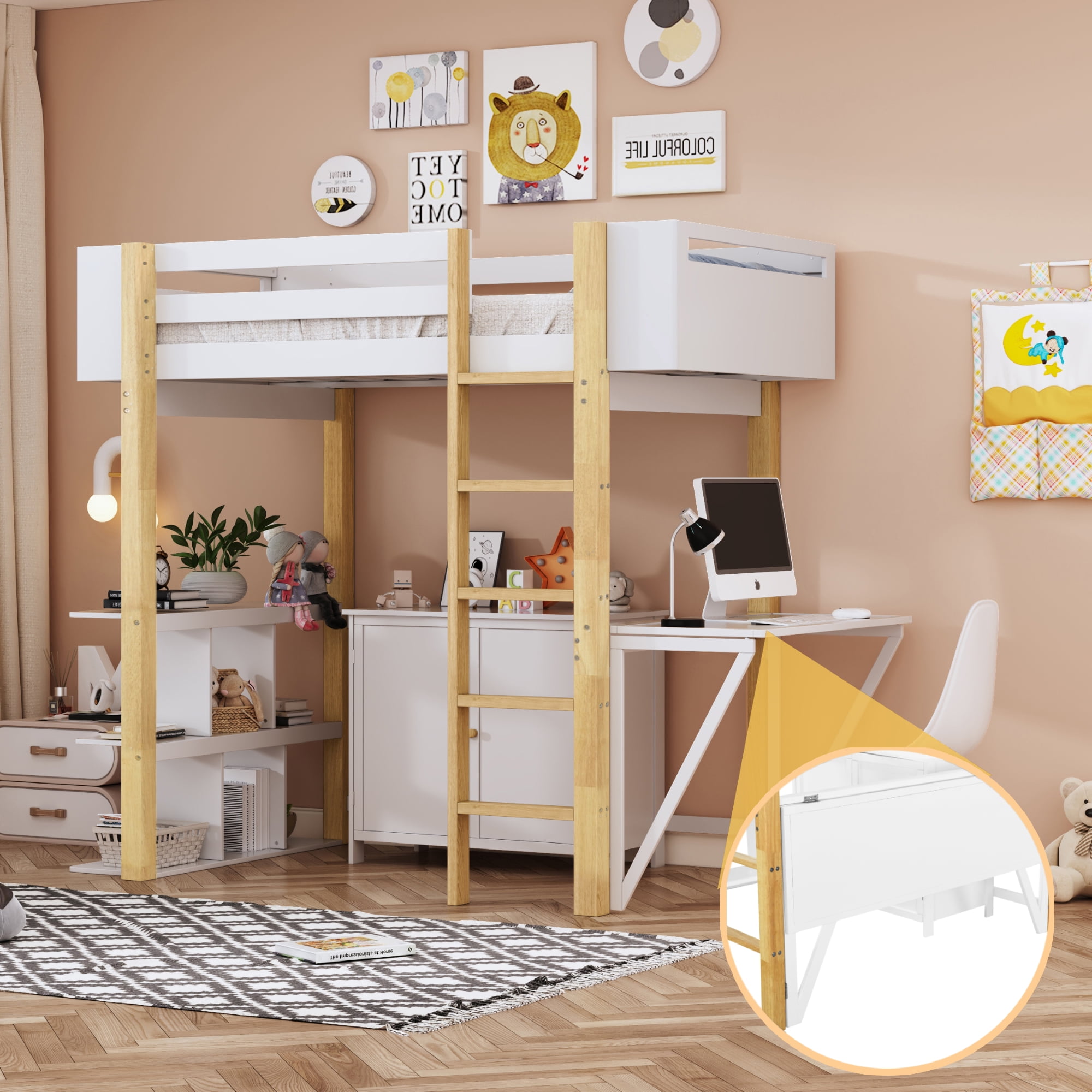 Loft Bed with Built-in Storage Cabinet and Cubes, Foldable Desk, Wooden ...