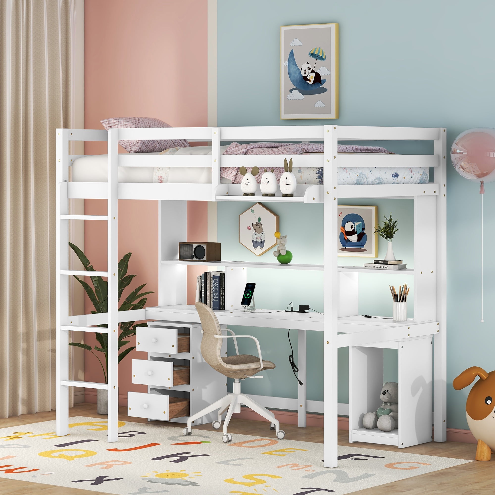 Loft Bed with Desk, Solid Wood Loft Bed Frame with Multi-storage Desk ...