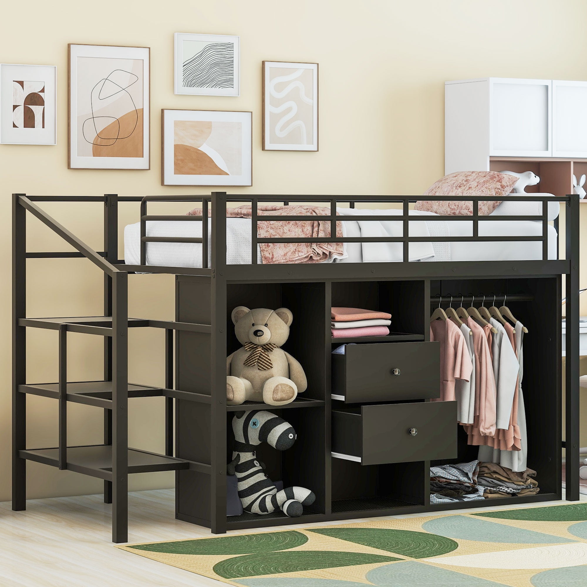 Loft Bed with Drawers, Storage Staircase and Small Wardrobe, Metal Loft ...