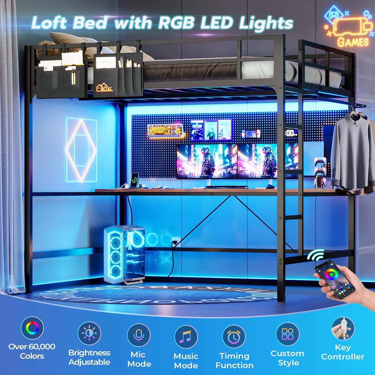 Mabor Full Size Loft Bed, Heavy Duty Metal Frame, Desk, Charging ...