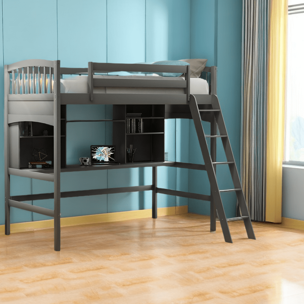 Loft Bed Frame Wood | Twin Size Loft Bed with Storage Shelves, Desk and ...
