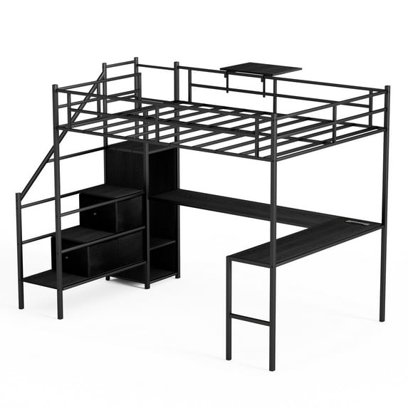 Loft Bed With L-shaped Desk, Led Lights, Charging Cradle, And Practical ...