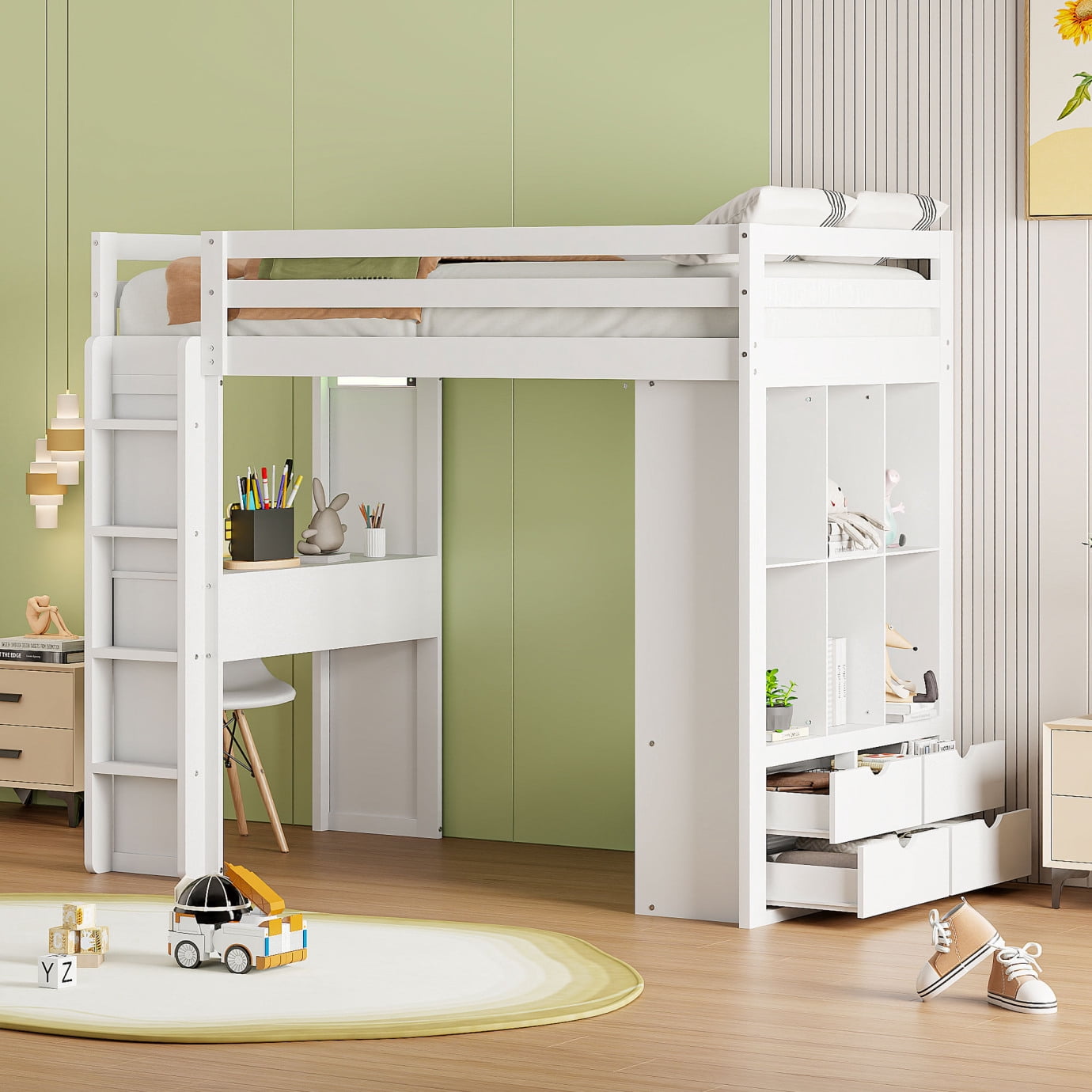Loft Bed with LED Light, Desk, Drawers and Shelves, Solid Wood Twin ...