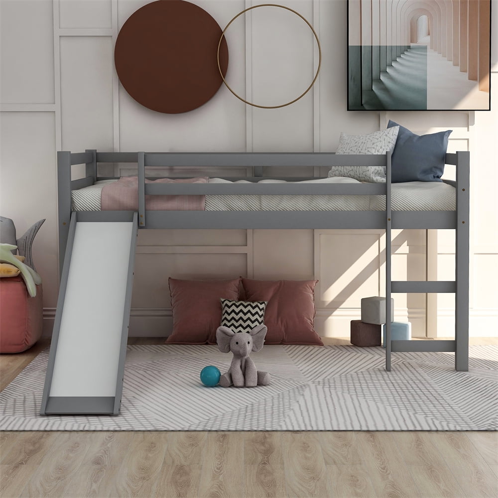 Loft Bed with Slide, Wood Twin Size Loft Bed Frame with Full-Length ...