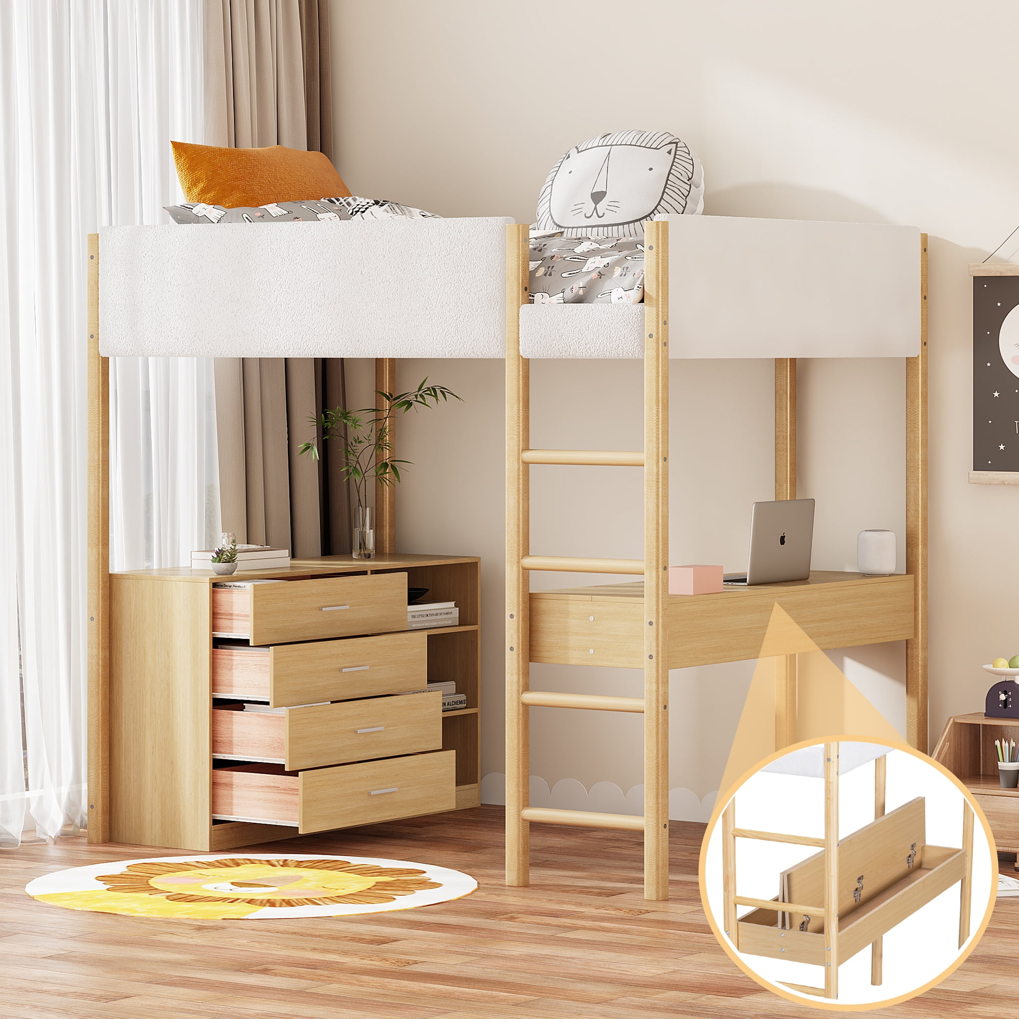 Loft Bed with Storage Shelf, Drawers and Desk, Teddy Fleece Wooden Loft ...