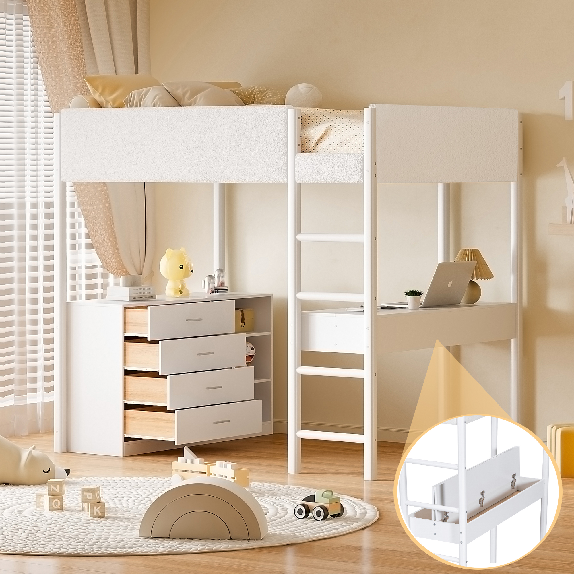 Loft Bed with Storage Shelf, Drawers and Desk, Teddy Fleece Wooden Loft ...