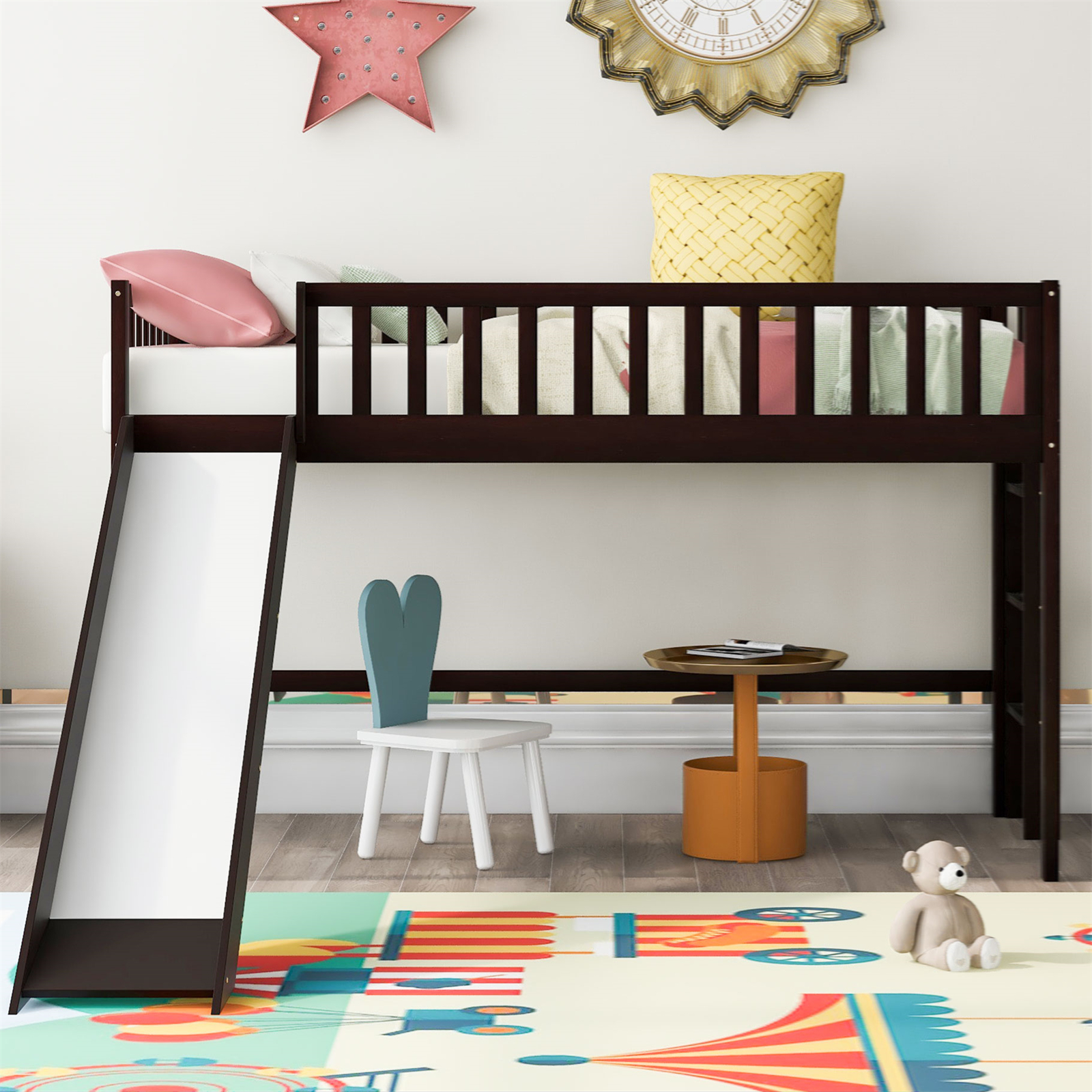 Loft Bed, Twin Bed Frame with Ladder and Slide, Modern Style Low Loft ...