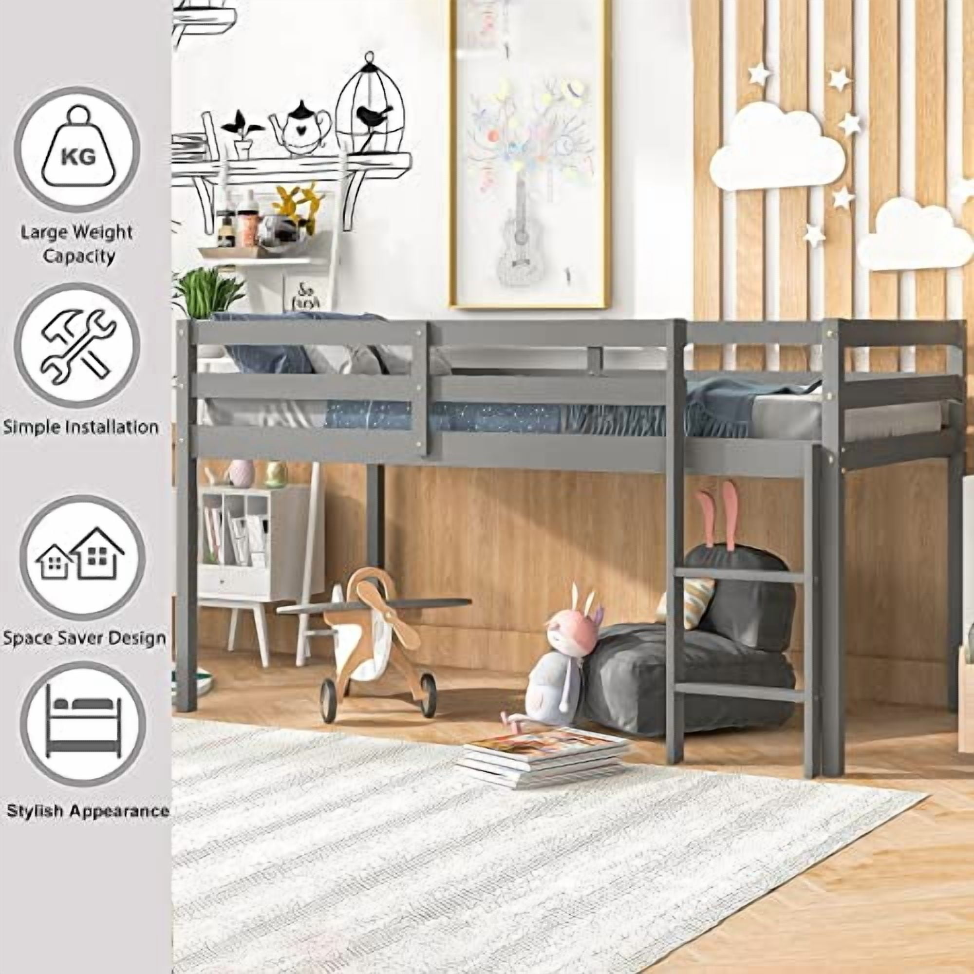 Loft Bed Twin,Loft Bed for Kids with Ladders and Guard Rails,Solid Wood ...