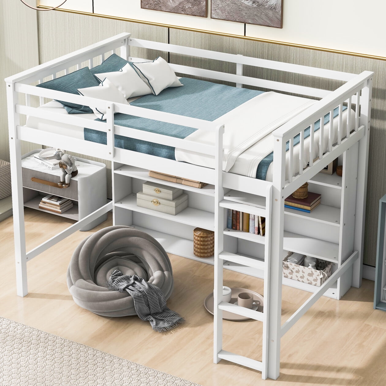 Loft Bed Twin Size, Twin Loft Bed with 8 Open Storage Shelves and ...