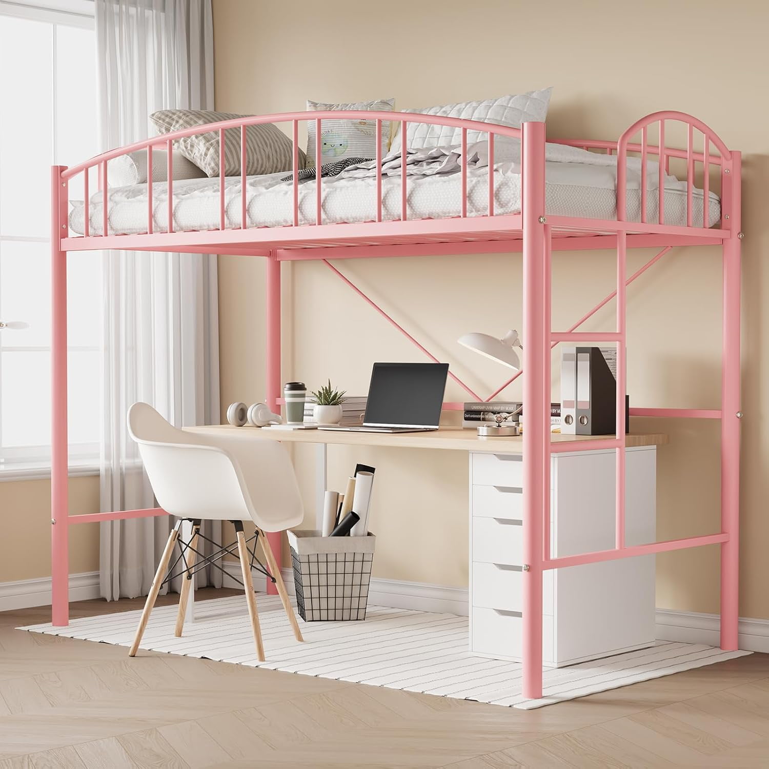 Loft Bed Twin Size Heavy Duty Metal Loft Bed Frame with Arched Guardrail and Safety Ladder Space ...