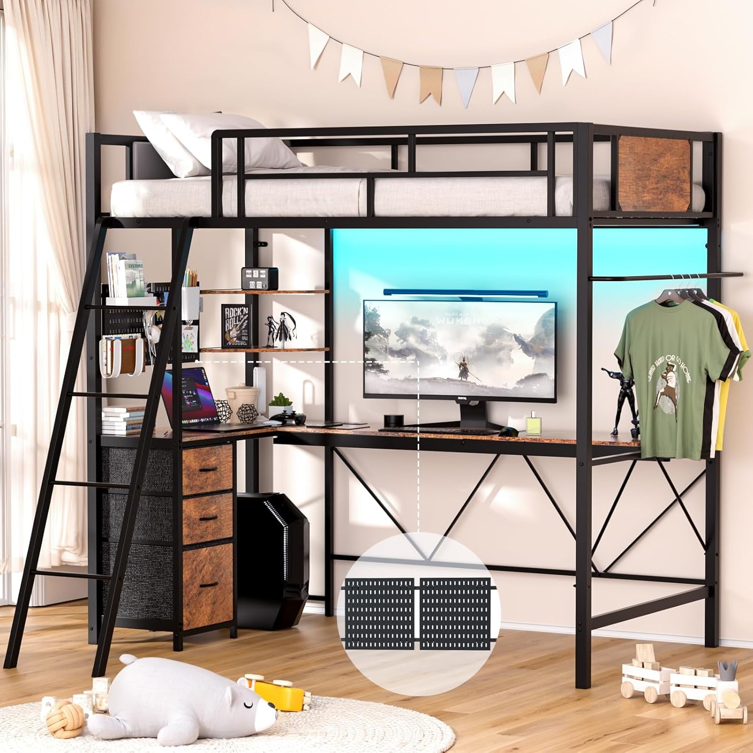 Loft Bed Twin Size with L-Shaped Desk, Lights, Charging Station, Metal ...