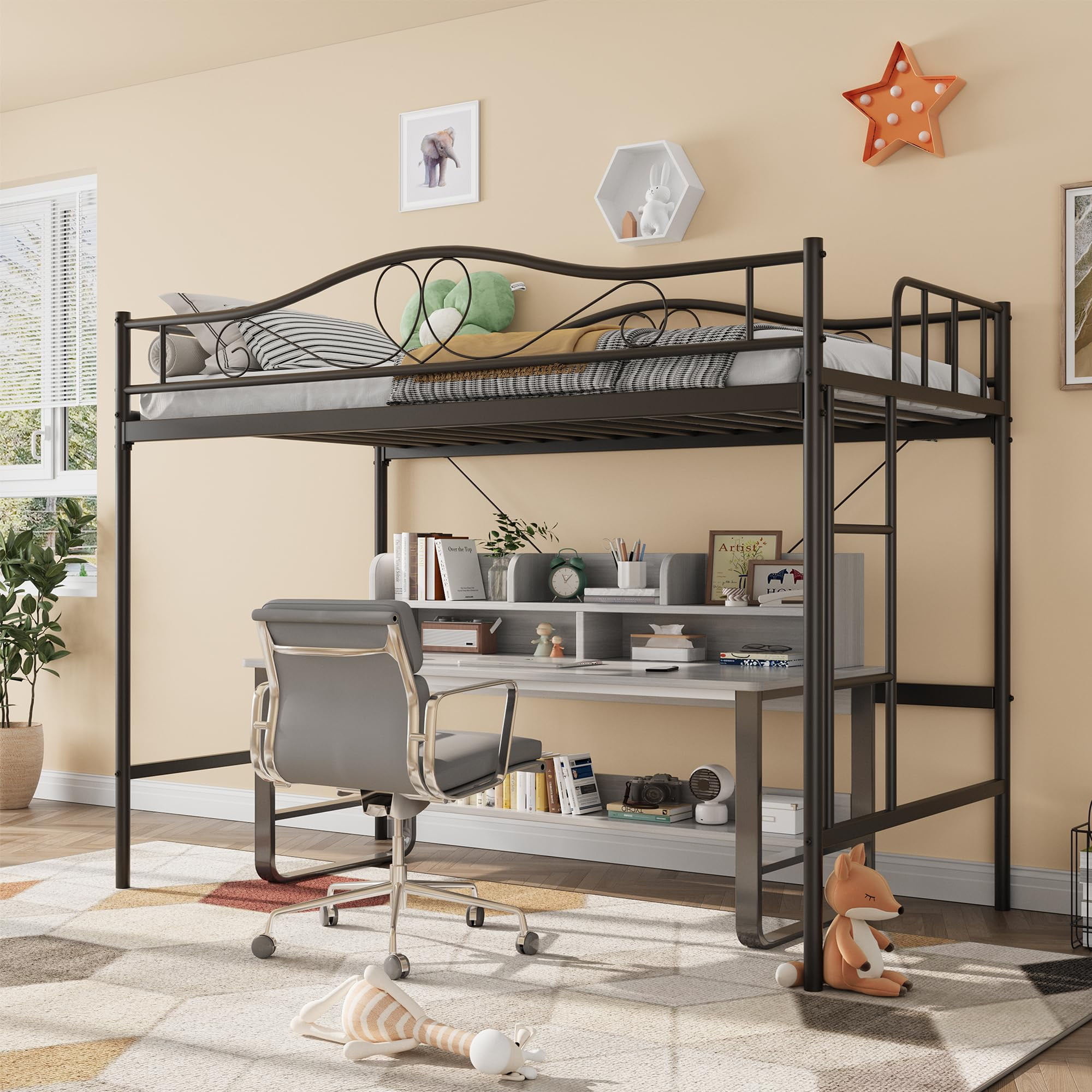 Loft Bed Twin Size with Ladder and Arched Guardrail, Heavy Duty Metal ...