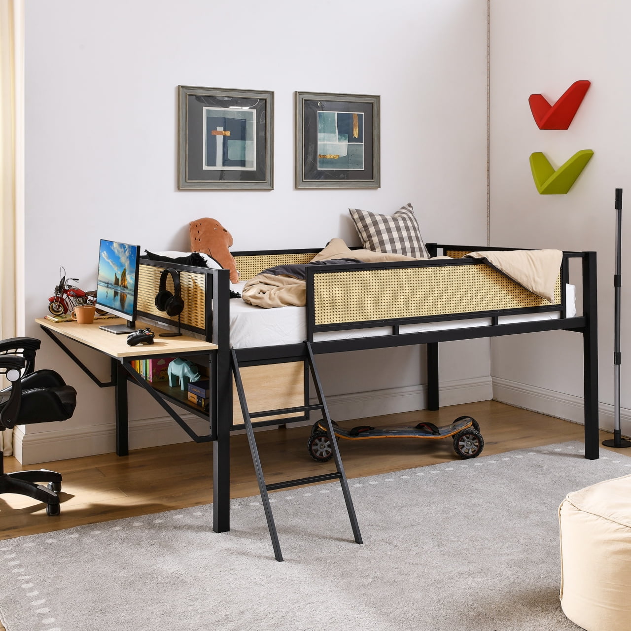 Loft Bed Twin Size, Loft Bed with Desk, LED Lights, Storage Shelves and ...