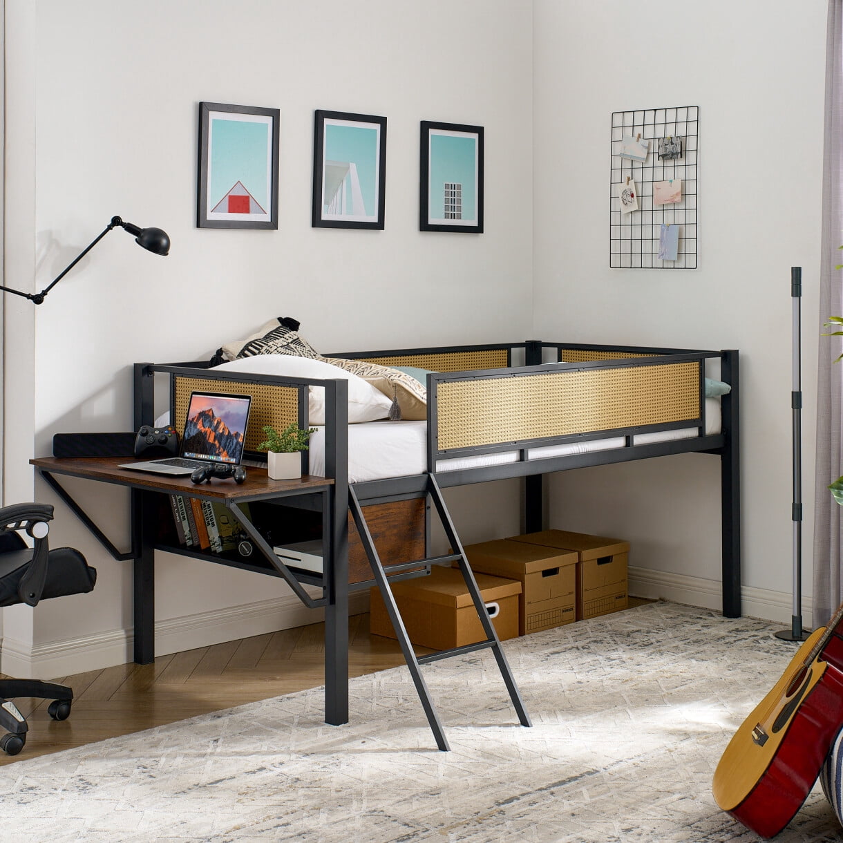 Loft Bed Twin Size, Loft Bed with Desk, LED Lights, Storage Shelves and ...