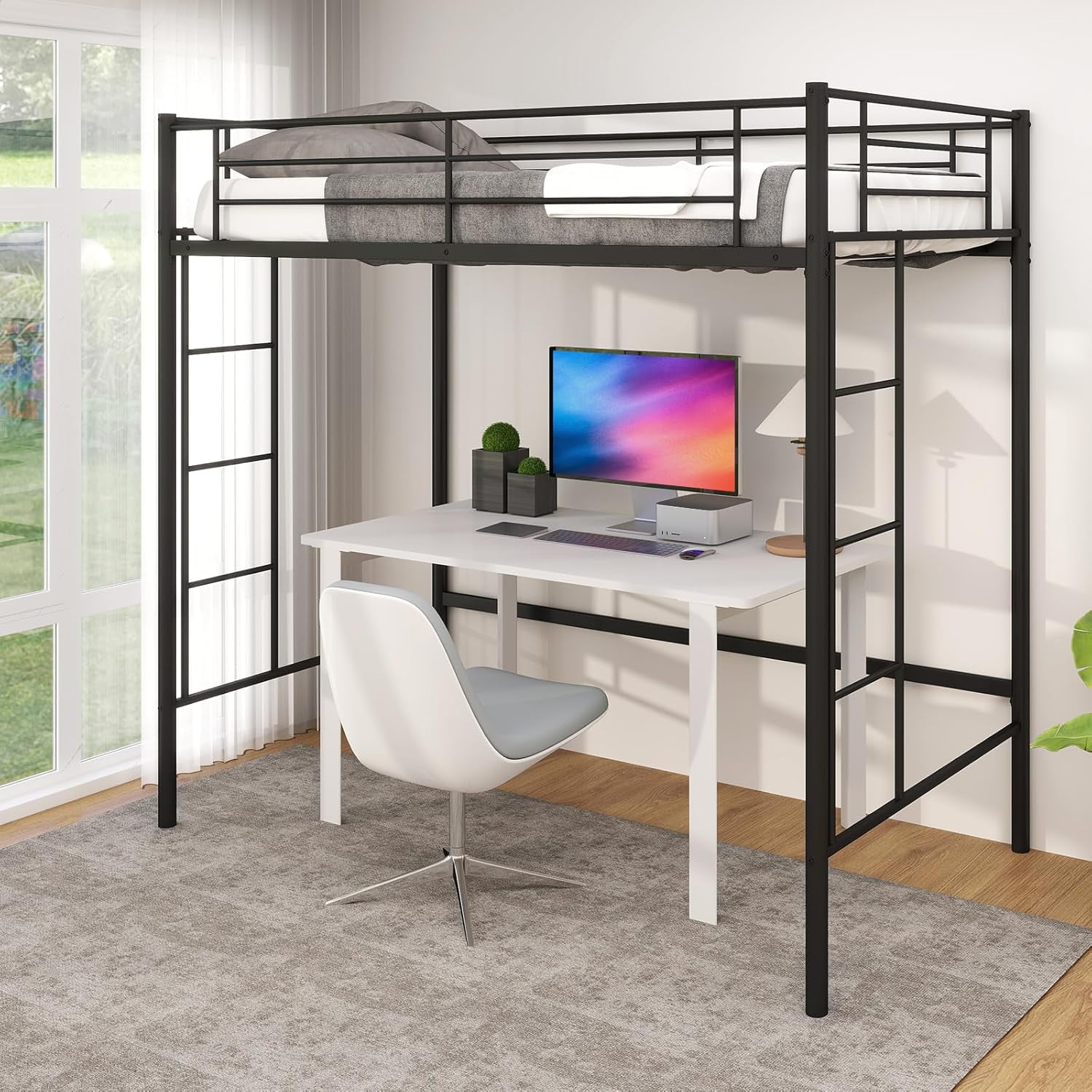 Loft Bed Twin Size, Metal Bedframe with Dual Ladders and Safety ...