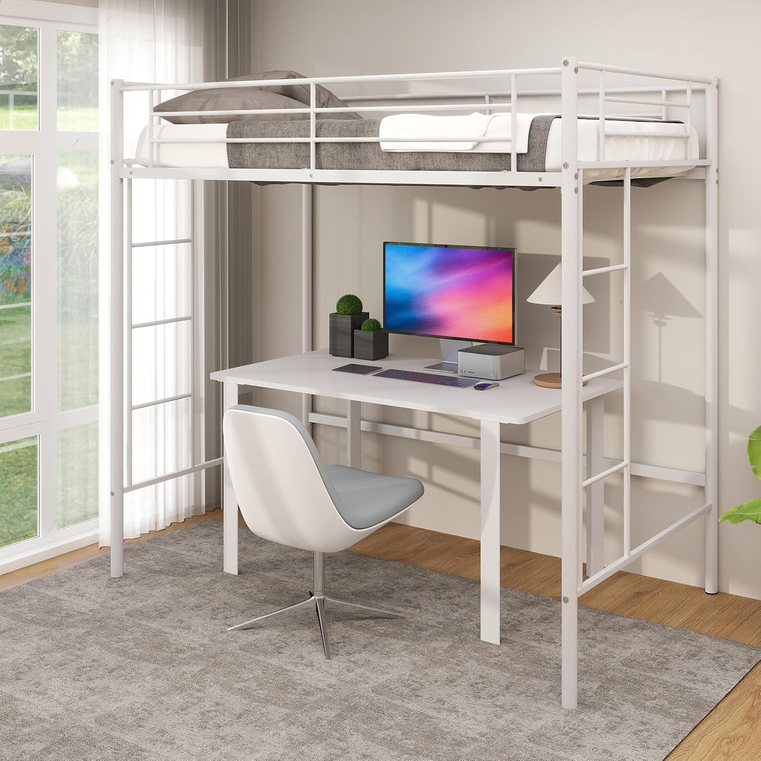 Loft Bed Twin Size, Metal Bedframe with Dual Ladders and Safety ...