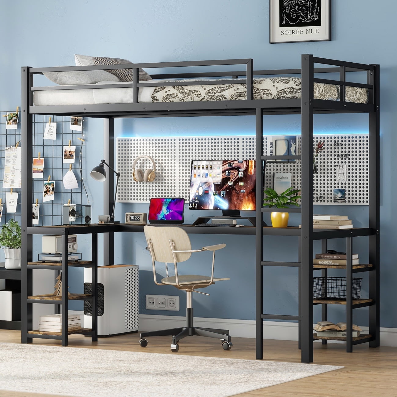 Loft Bed Twin XL Size with L-Shaped Desk, Twin XL Metal Loft Bed Frame ...