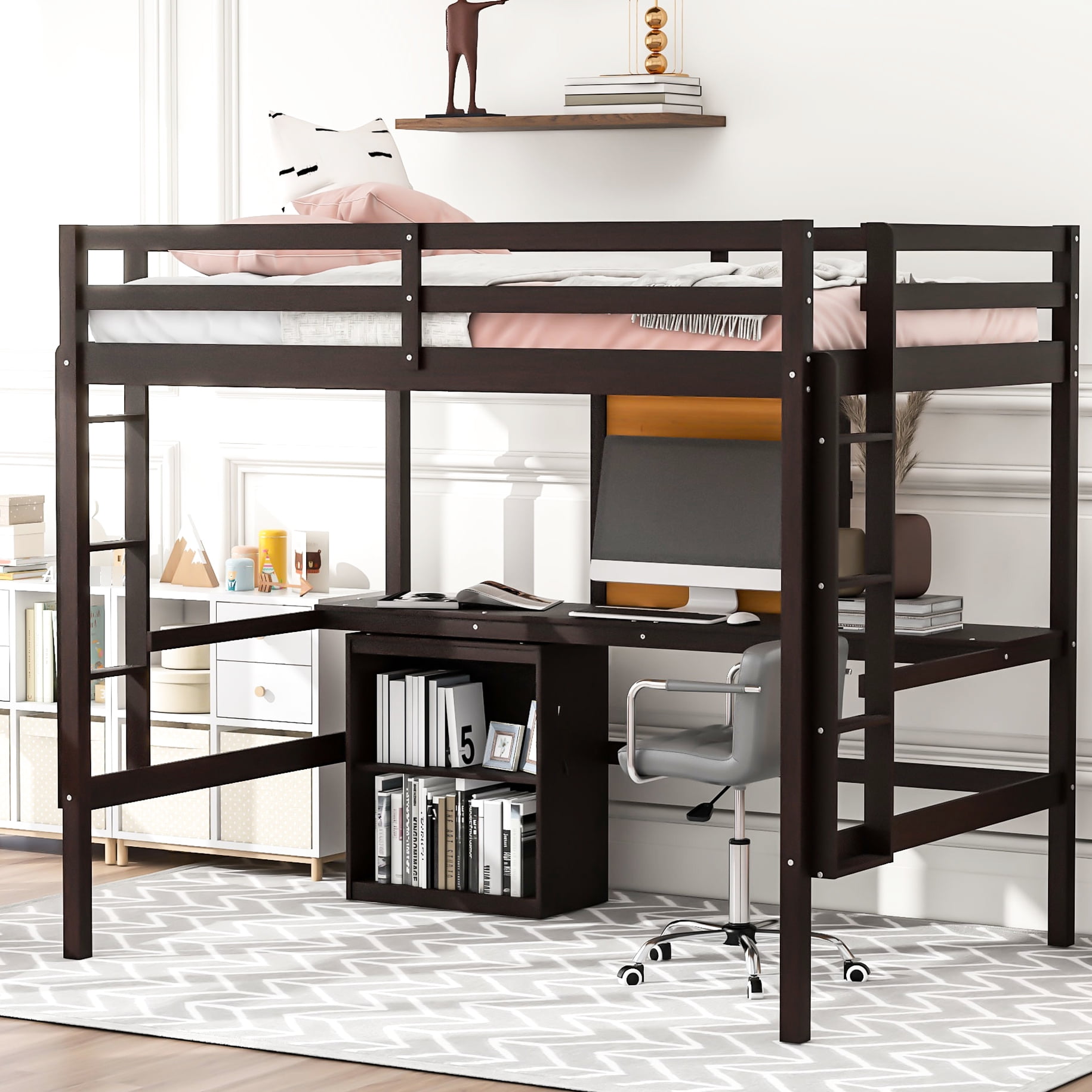 Loft Bed With Desk & Writing Board, Solid Wood Frame For Stability ...