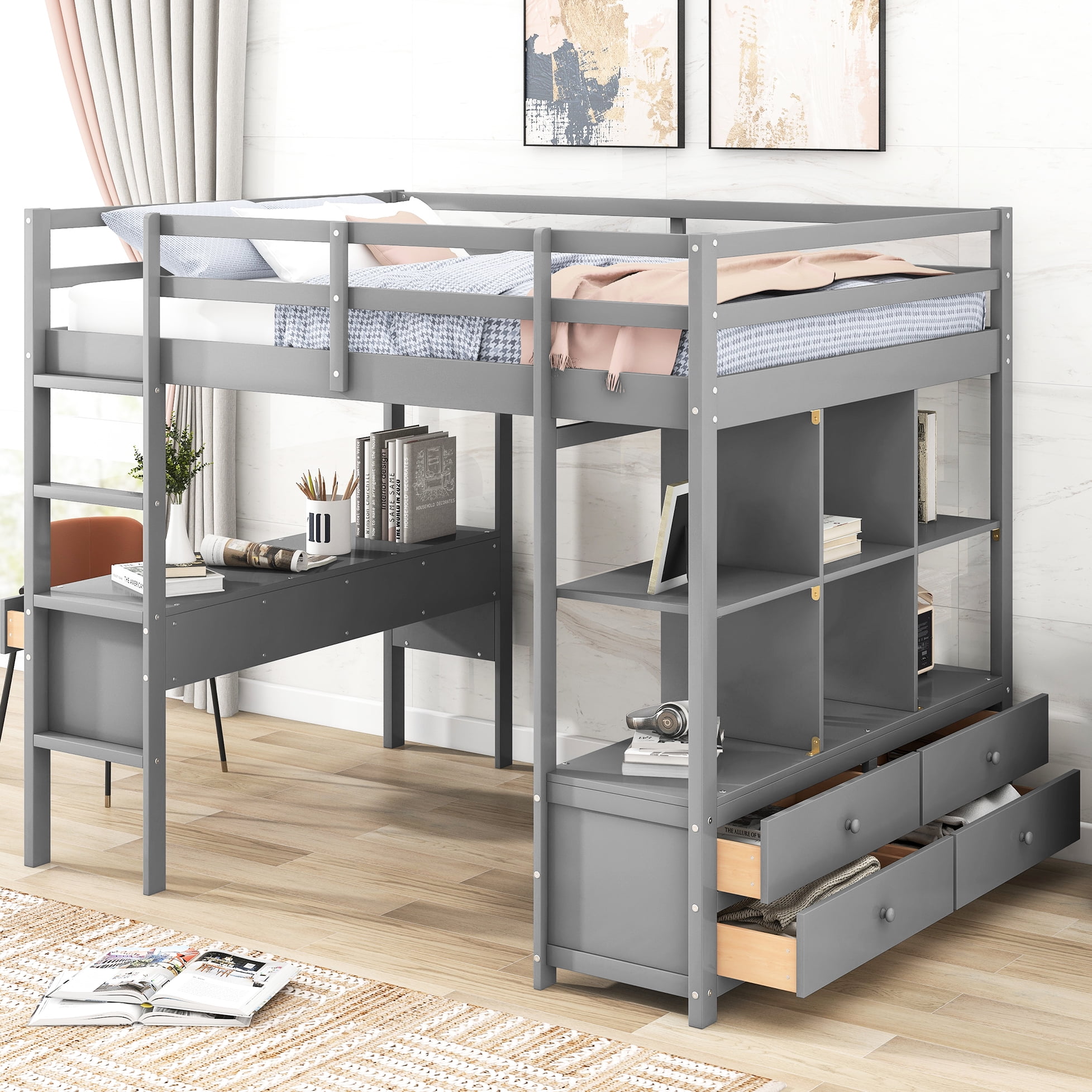 Loft Bed With Drawers, Shelves & Work Area - Optimize Bedroom Layout ...