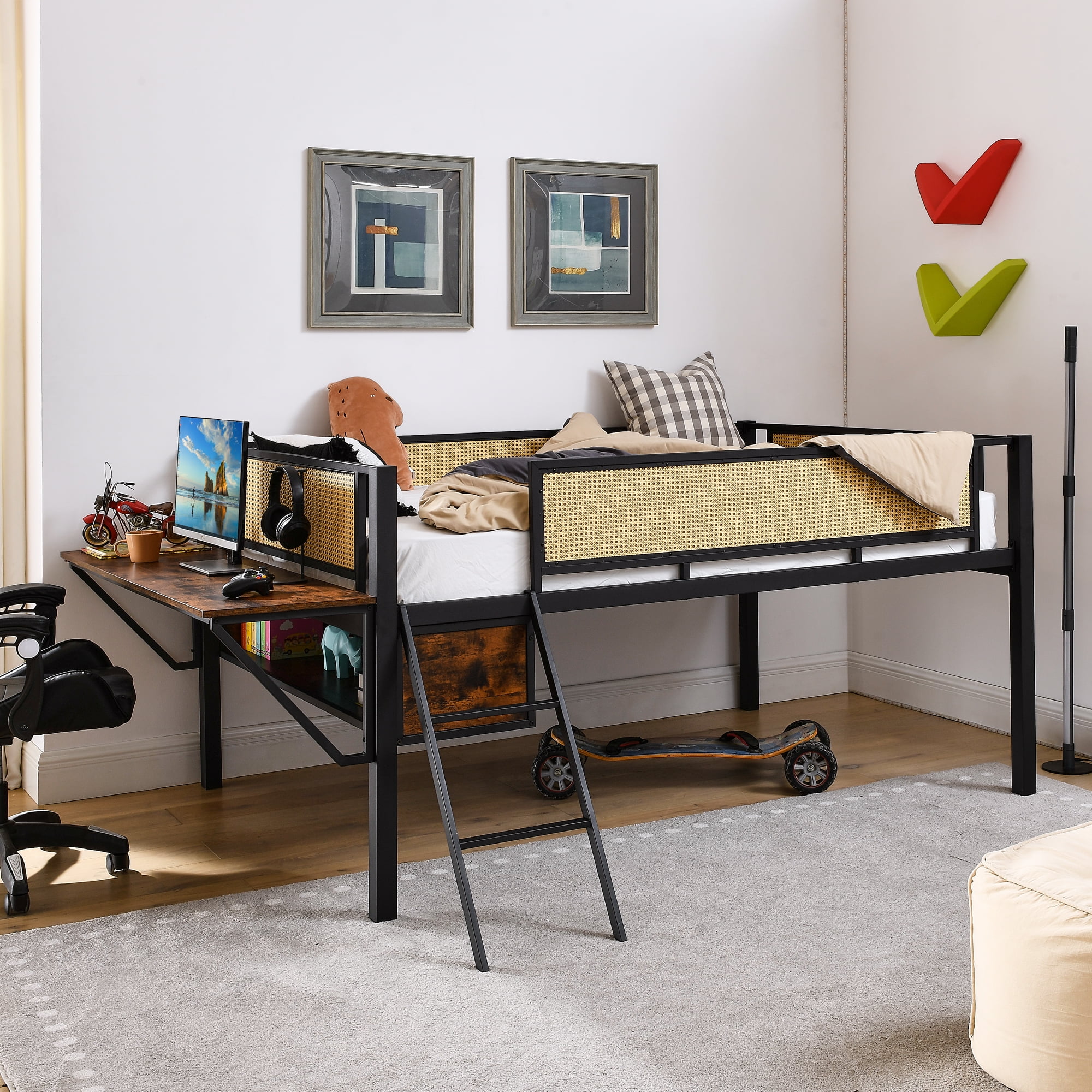 Loft Bed with Desk and LED Lights, Double Bed Frame with Storage ...