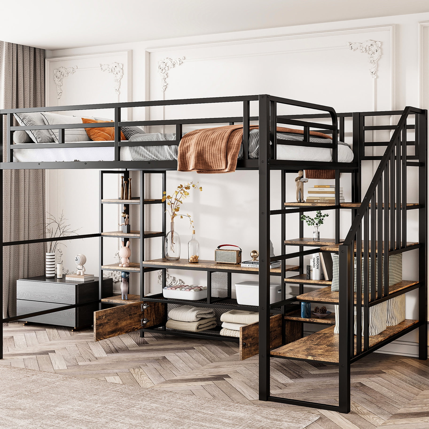 Loft Bed with Staircase - Safety Guardrails - Bedroom - Secure Sleep ...