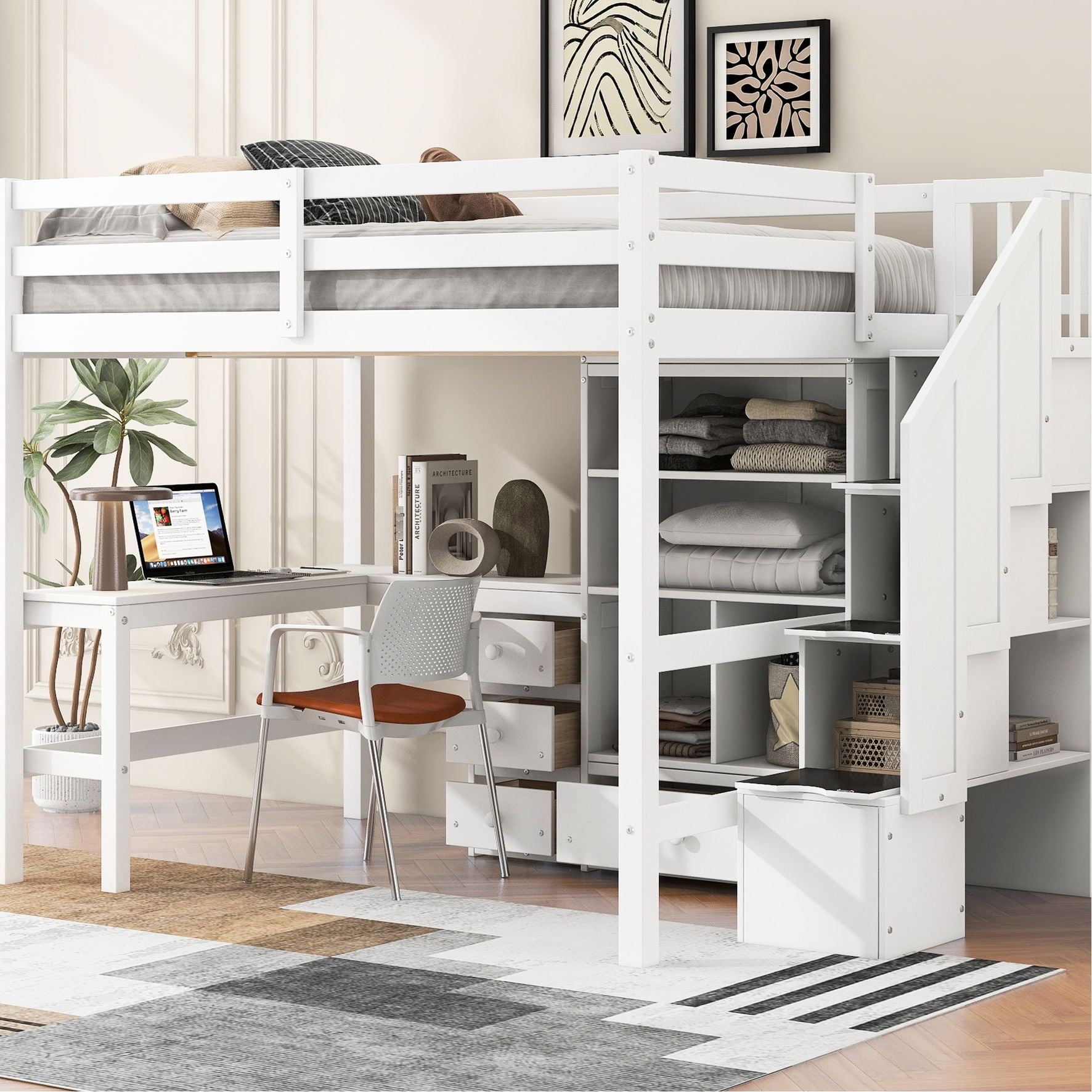 Loft Bed with Storage Staircase / Full Size, Solid Wood Slats, Three ...