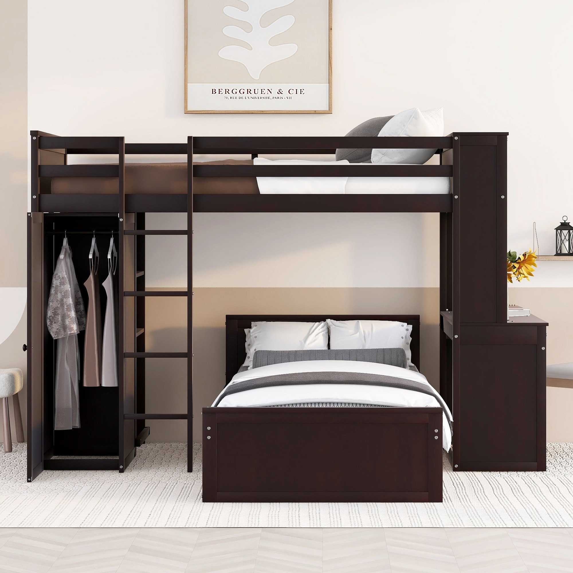Loft Bed with a Stand-alone bed, Shelves,Desk,and Wardrobe Twin/Twin ...