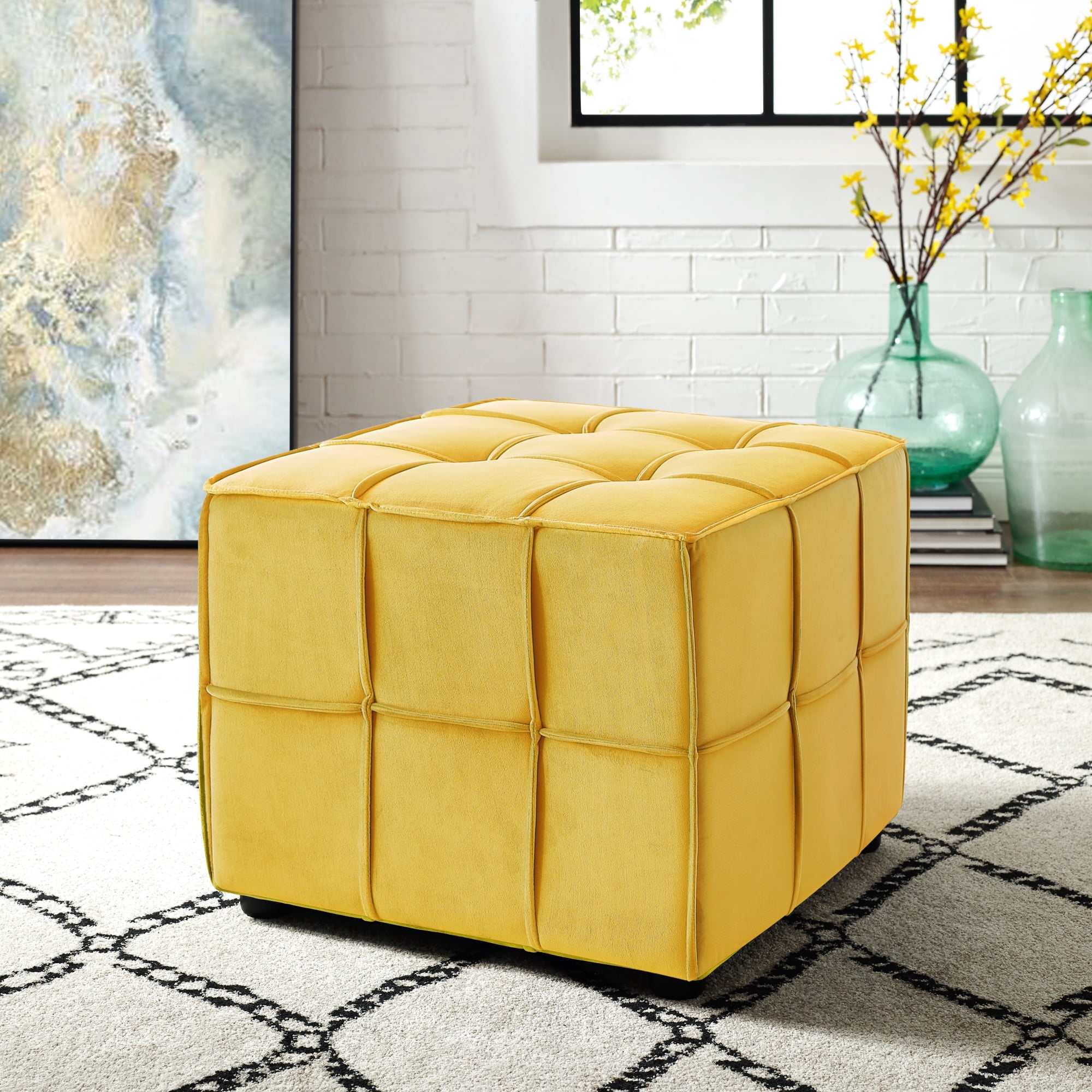 Loft Lyfe Eudeat Yellow Velvet Ottoman - Upholstered, Piping Trim ...