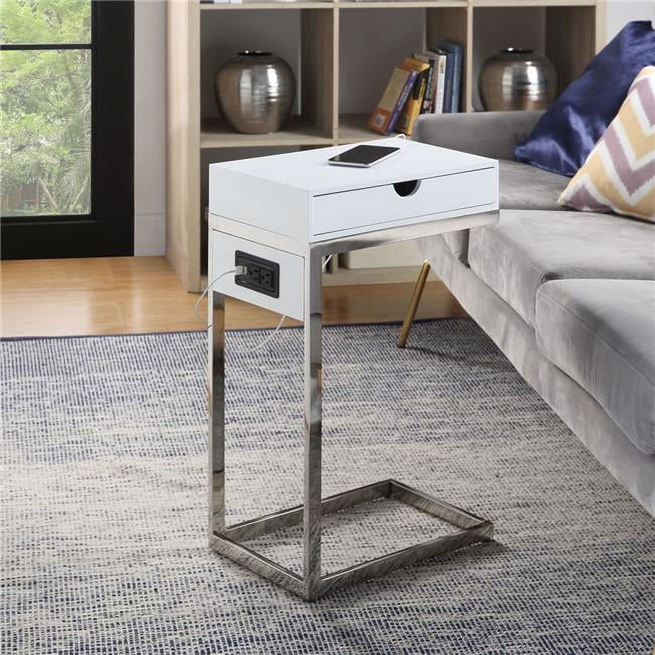 Phoenix End Tables White And Chrome 2 USB Charging Ports 2 Outlets ...