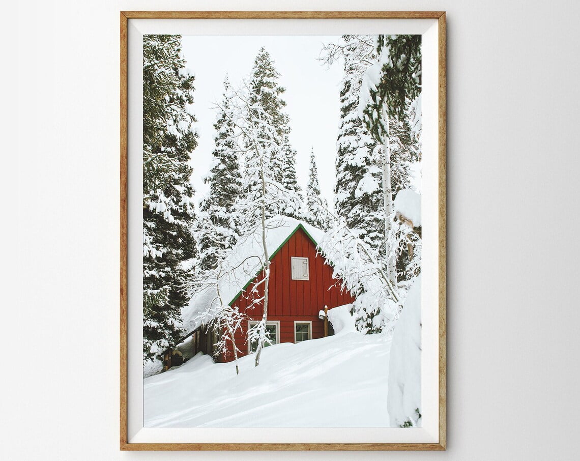 Log Cabin In Woods Print Red Cabin In Snow Decor Winter Prints Snowy ...