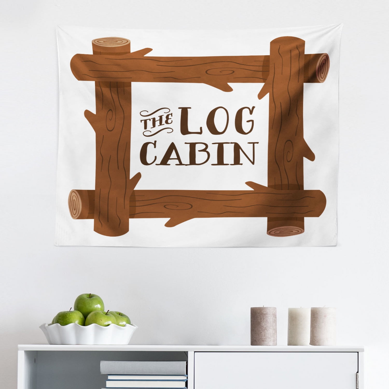 Log Cabin Tapestry, Image of a Rustic Lodge in a Forest with Life in ...