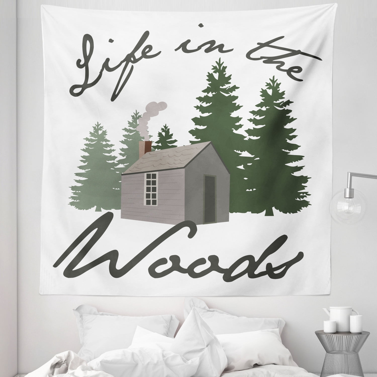 Log Cabin Tapestry, Image of a Rustic Lodge in a Forest with Life in ...