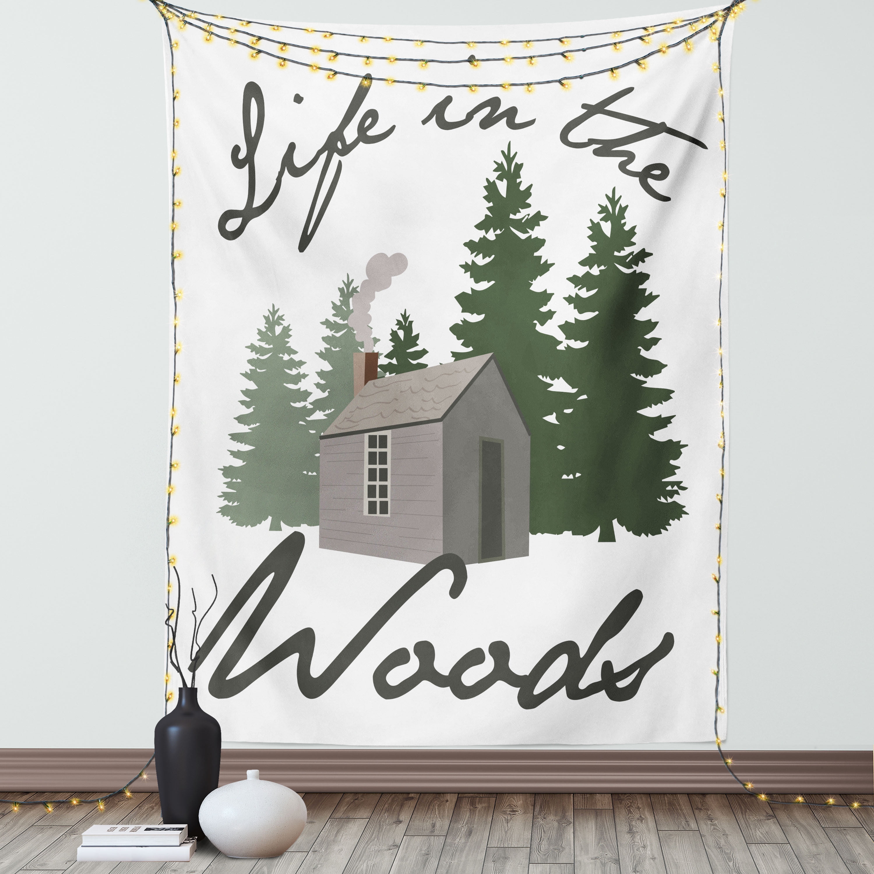 Log Cabin Tapestry, Image of a Rustic Lodge in a Forest with Life in ...