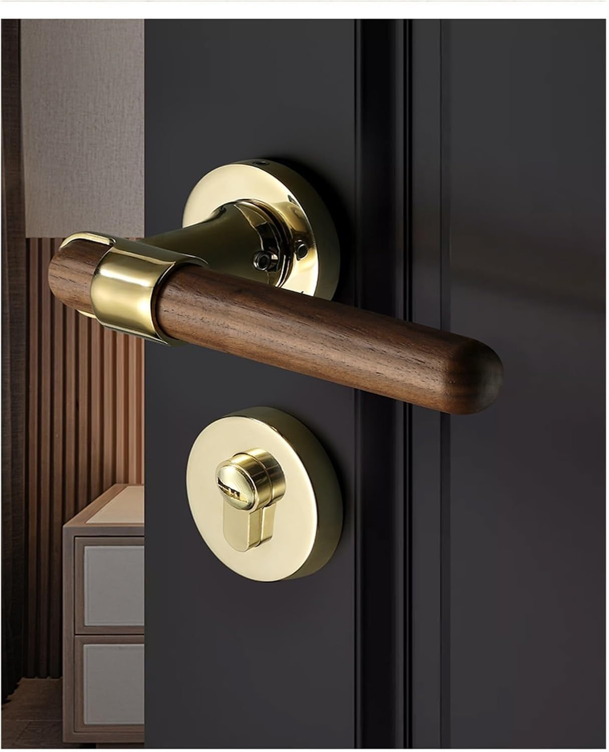 Log Style Walnut Indoor Bedroom Door Lock Room Wooden Door Handle Gold ...