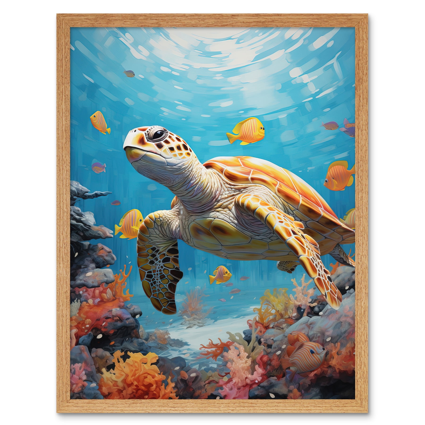 Loggerhead Sea Turtle in Coral Reef Bright Detailed Artwork Caretta ...