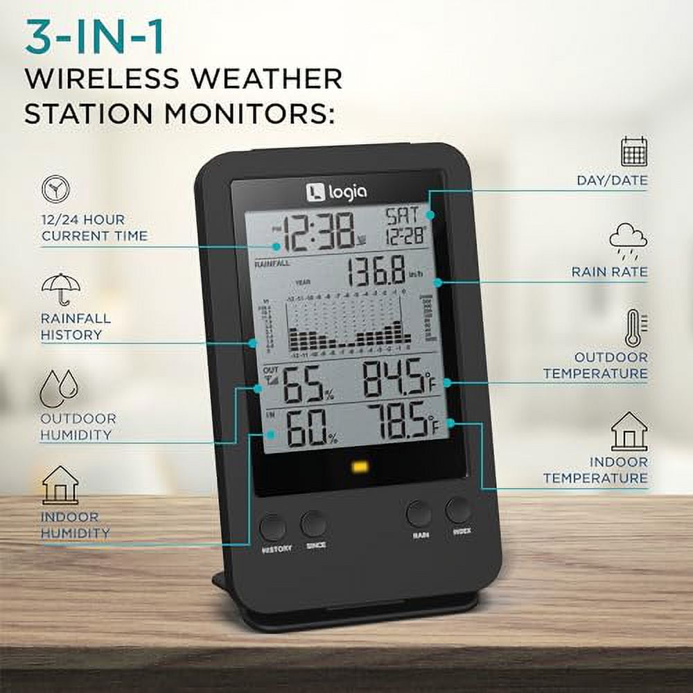 Logia 3-in-1 Rain Gauge Weather Station with Temperature & Humidity ...