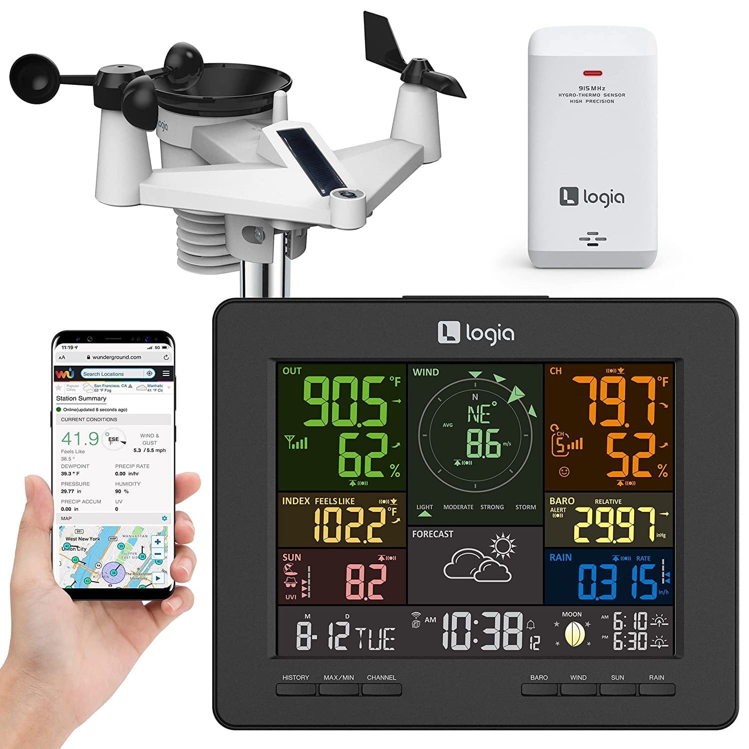 Logia 7-in-1 Weather Station with Solar & LED Display, Temperature ...